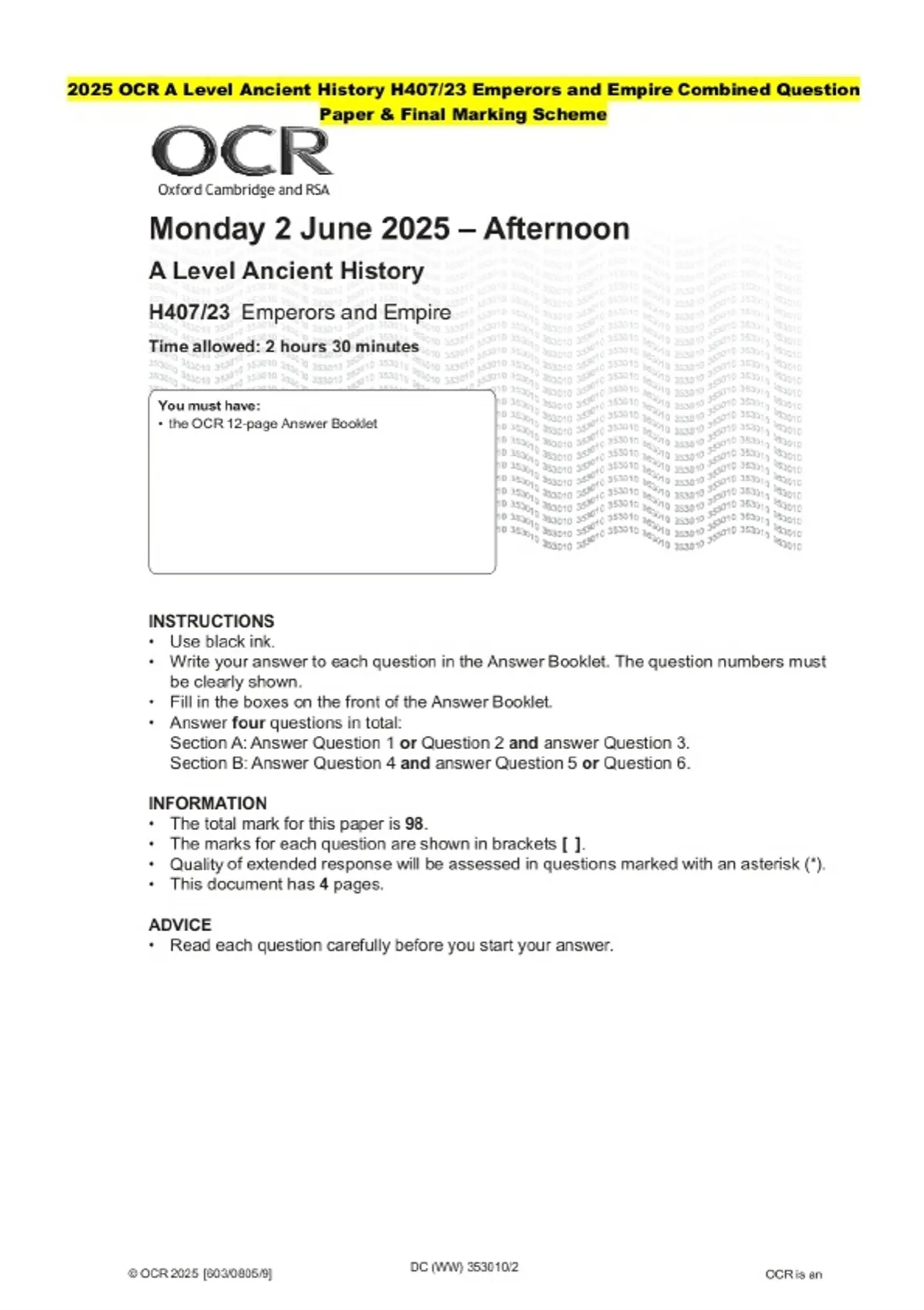2025 OCR A Level Ancient History H407/23 Emperors and Empire Combined ...
