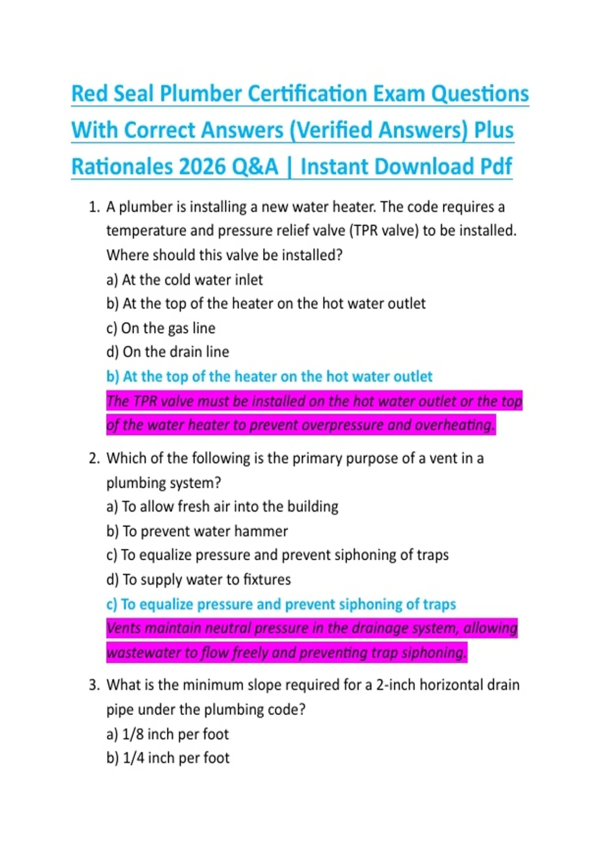 Red Seal Plumber Certification Exam Questions With Correct Answers ...
