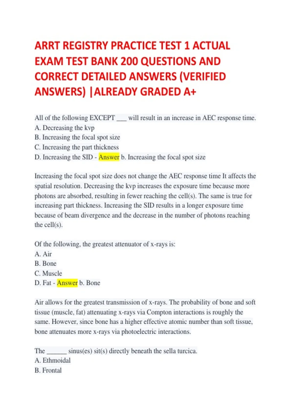 ARRT REGISTRY PRACTICE TEST 1 ACTUAL EXAM TEST BANK 200 QUESTIONS AND ...