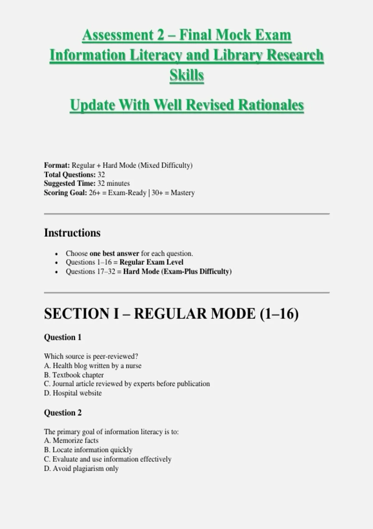 Assessment 2 – Final Mock Exam Information Literacy and Library ...