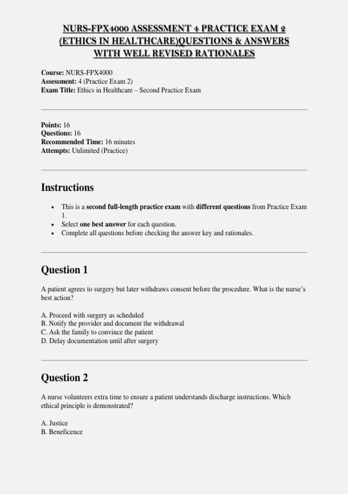 NURS-FPX4000 ASSESSMENT 4 PRACTICE EXAM 2 (ETHICS IN HEALTHCARE ...