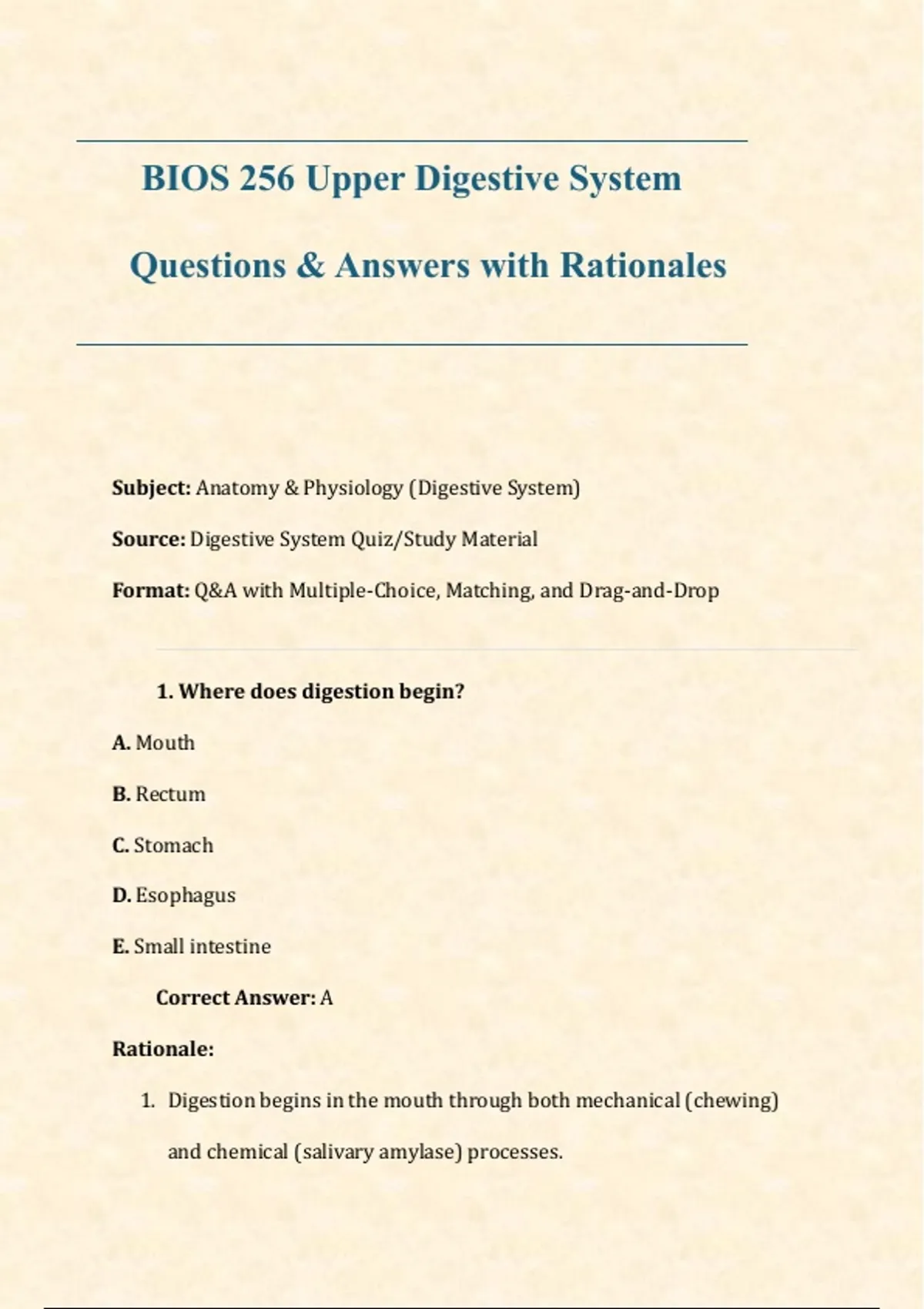 BIOS 256 Upper Digestive & Lower Digestive System Questions & Answers ...