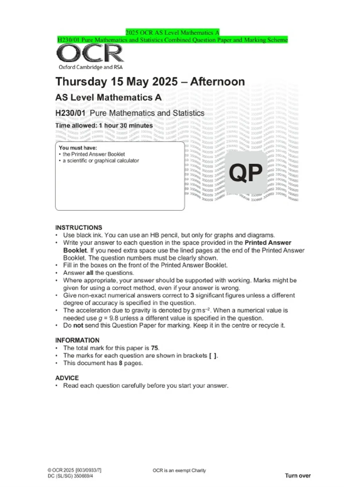 2025 OCR AS Level Mathematics A H230/01 Pure Mathematics and Statistics ...