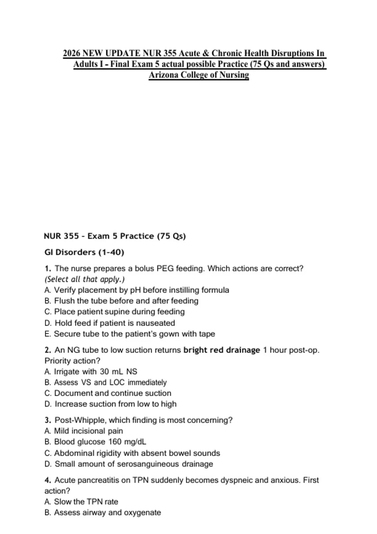 2026 NEW UPDATE NUR 355 Acute & Chronic Health Disruptions In Adults I ...