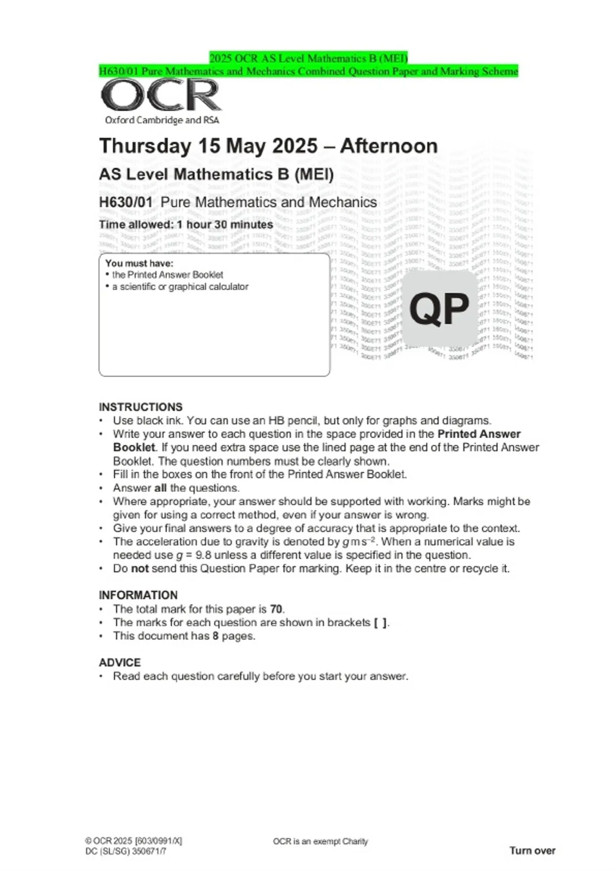 2025 OCR AS Level Mathematics B (MEI) H630/01 Pure Mathematics and ...