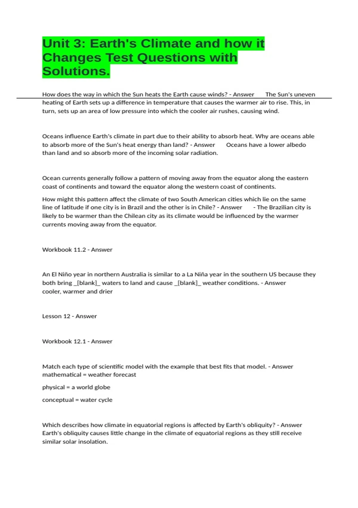 Unit 3: Earth's Climate and how it Changes Test Questions with ...