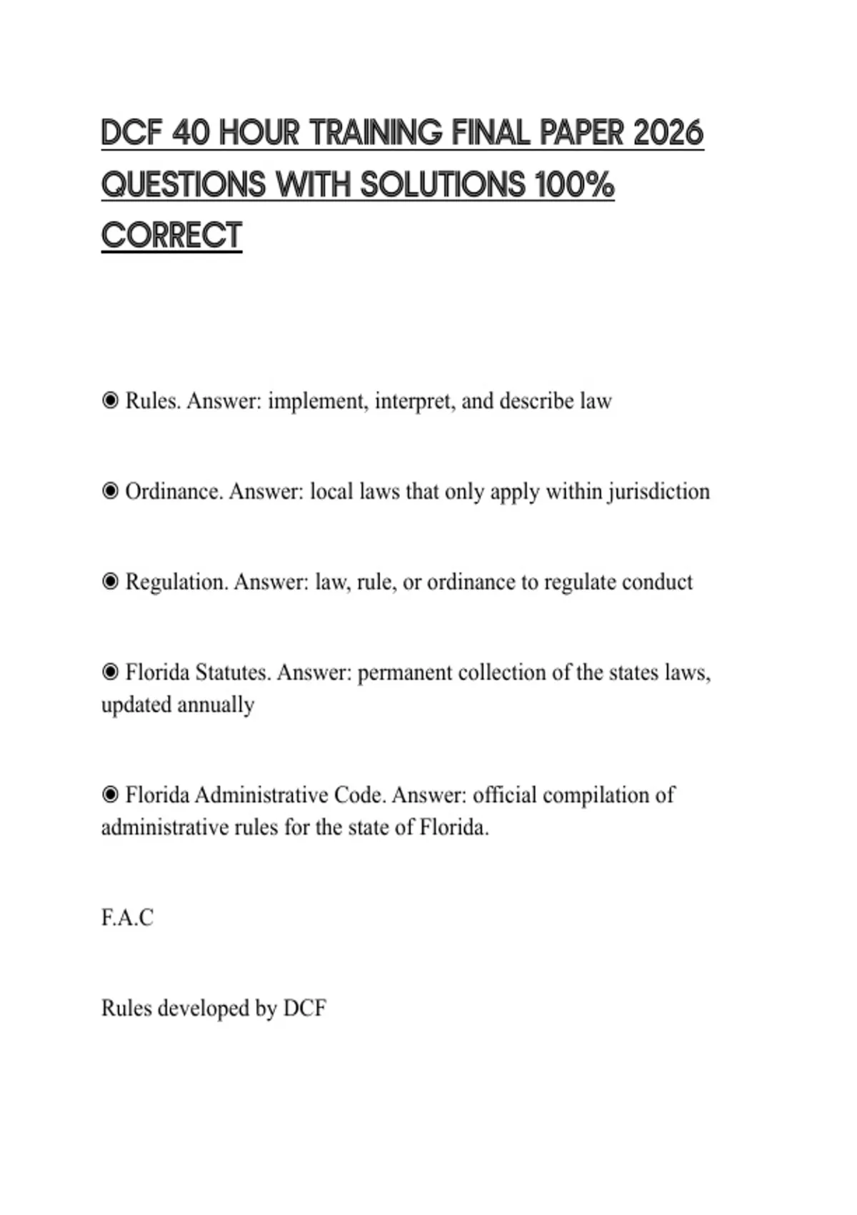 DCF 40 HOUR TRAINING FINAL PAPER 2026 QUESTIONS WITH SOLUTIONS 100% ...