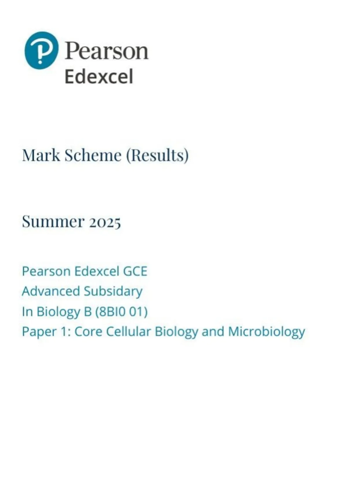 Pearson Edexcel GCE Advanced Subsidary In Biology B (8BI0 01) Paper 1 ...