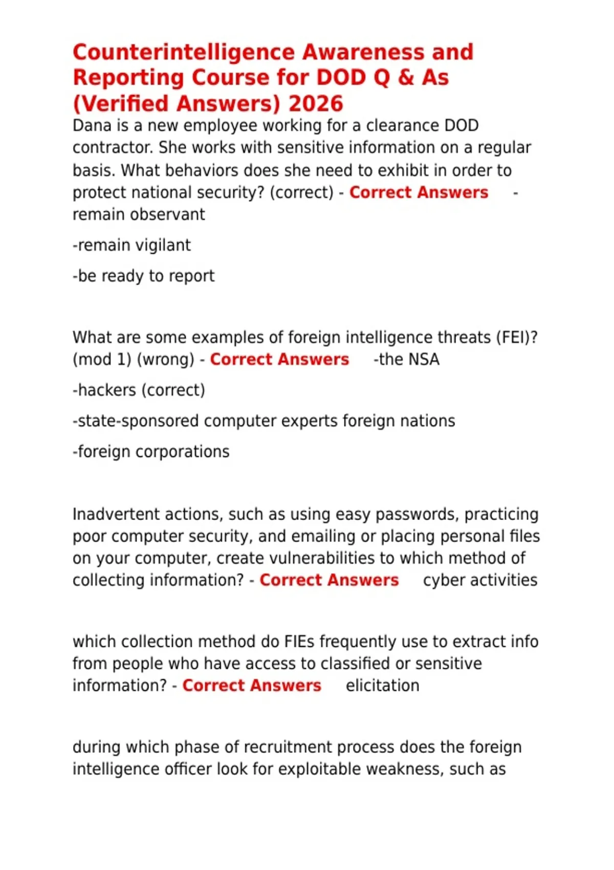Counterintelligence Awareness And Reporting For Dod