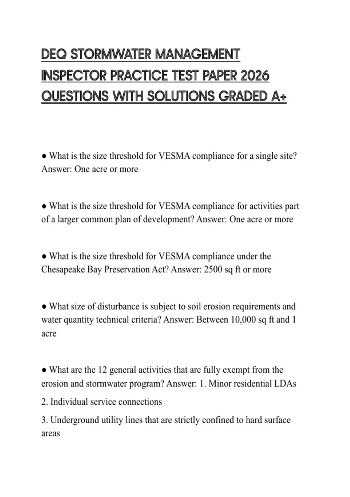 DEQ STORMWATER MANAGEMENT INSPECTOR PRACTICE TEST PAPER 2026 QUESTIONS ...