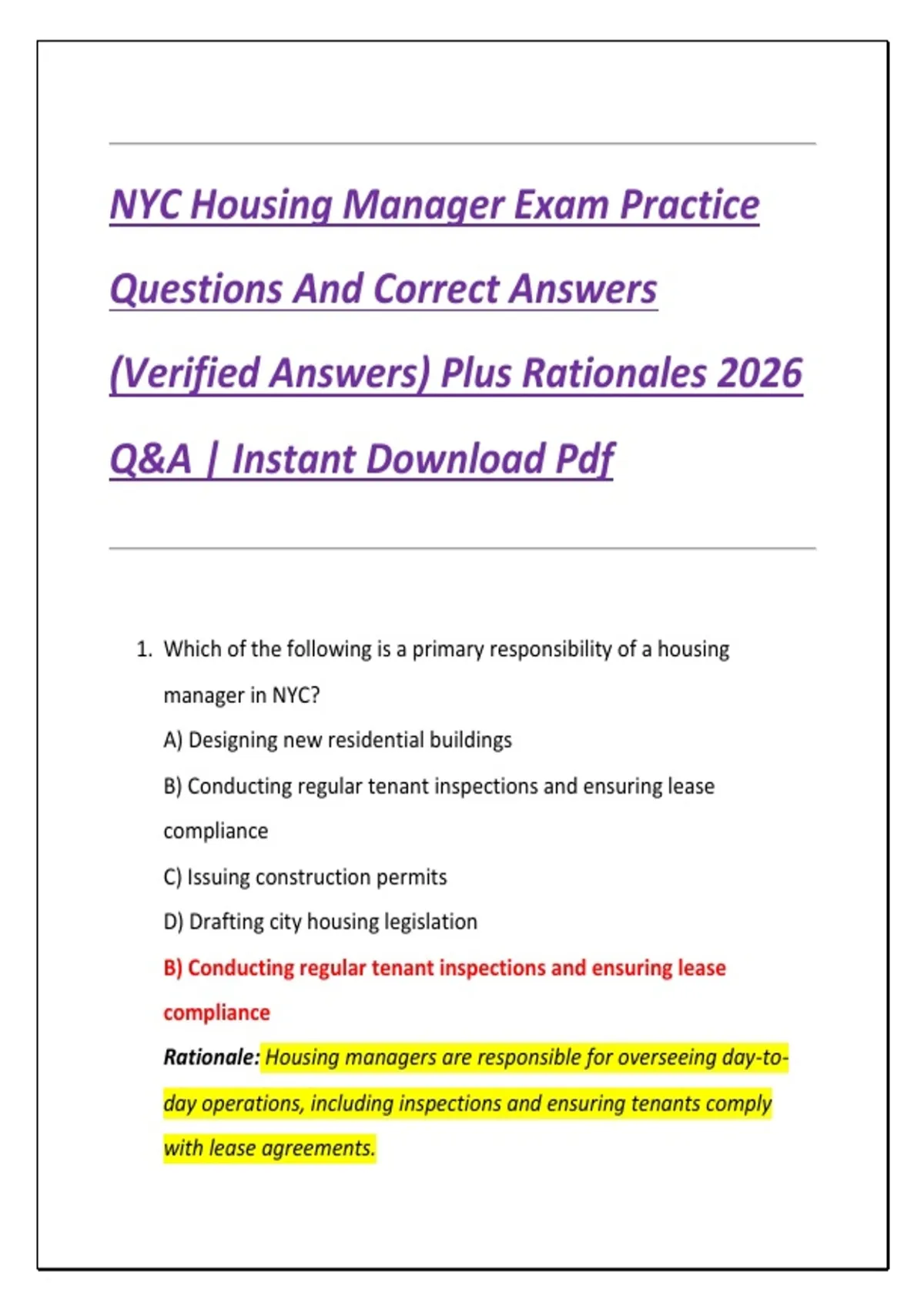 NYC Housing Manager Exam Practice Questions And Correct Answers ...
