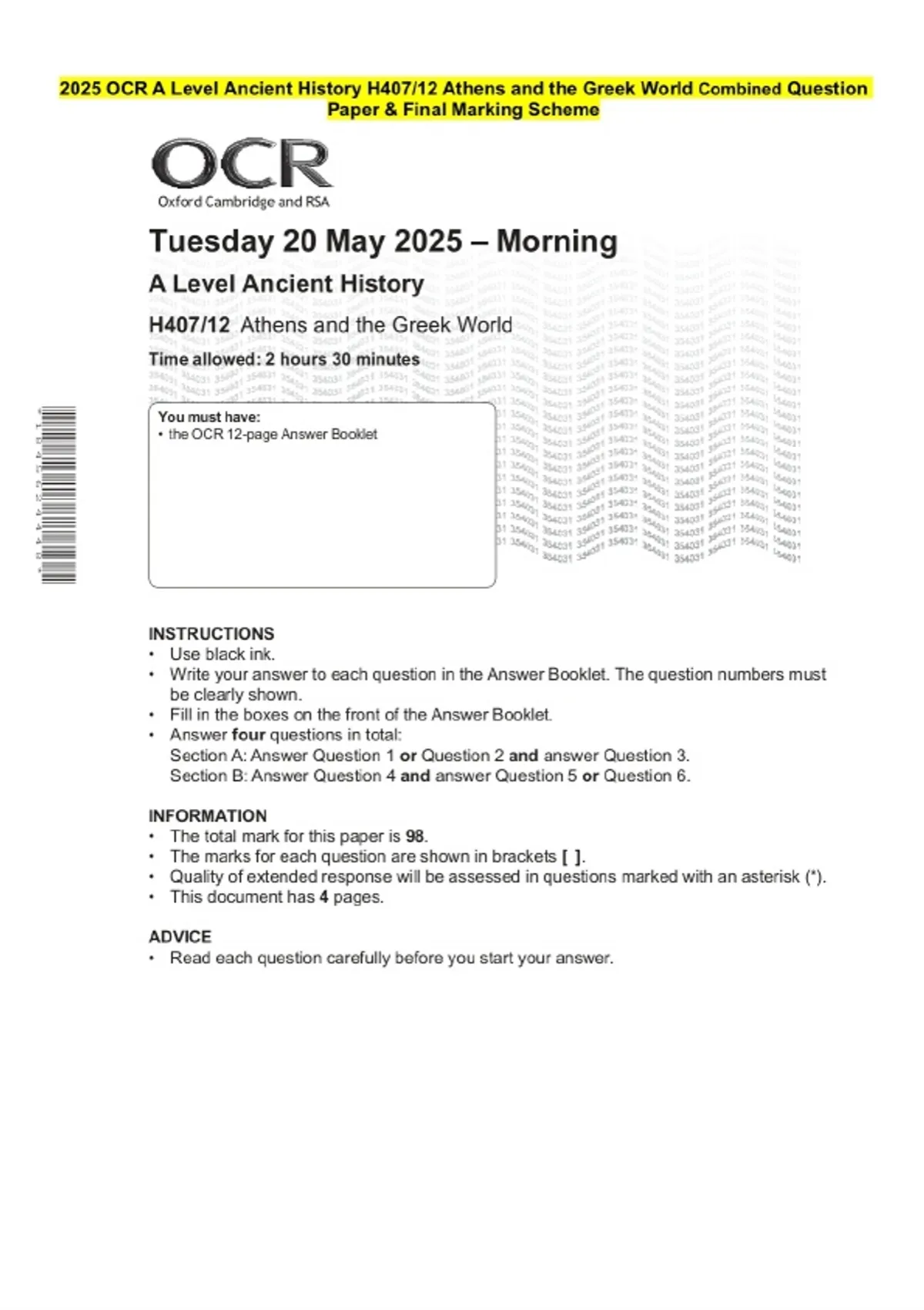 2025 OCR A Level Ancient History H407/12 Athens and the Greek World ...