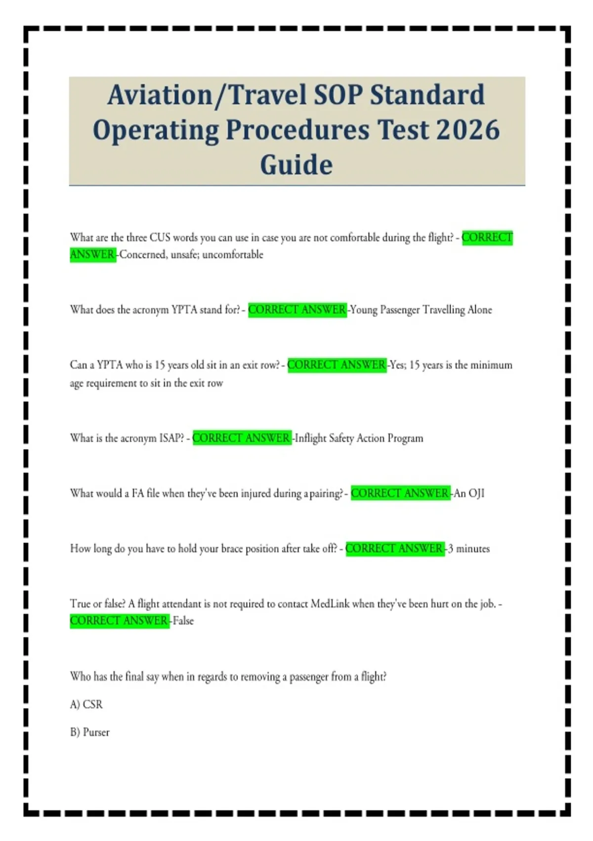 Aviation/Travel SOP Standard Operating Procedures Test 2026 Guide ...