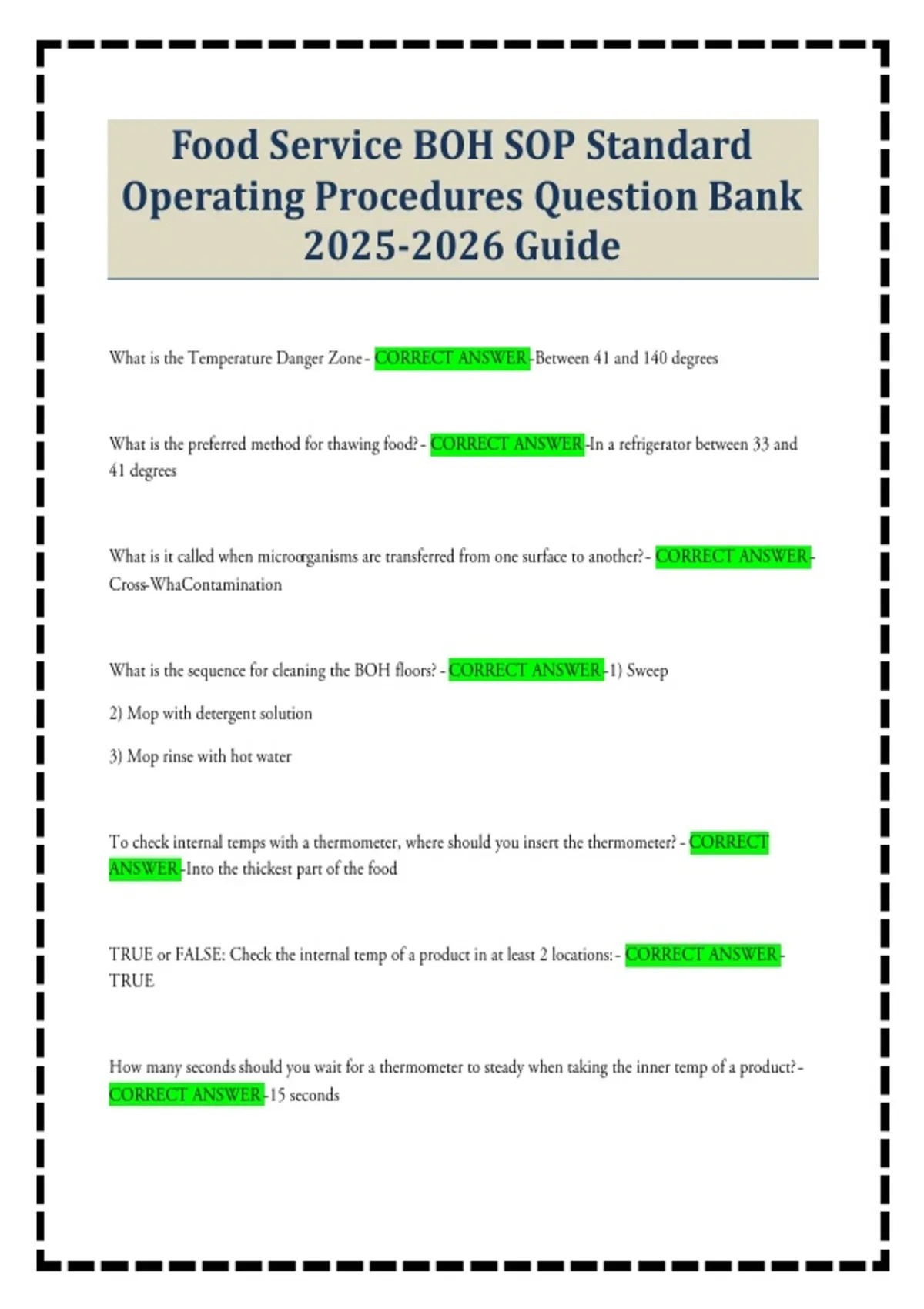 Food Service BOH SOP Standard Operating Procedures Question Bank Guide ...