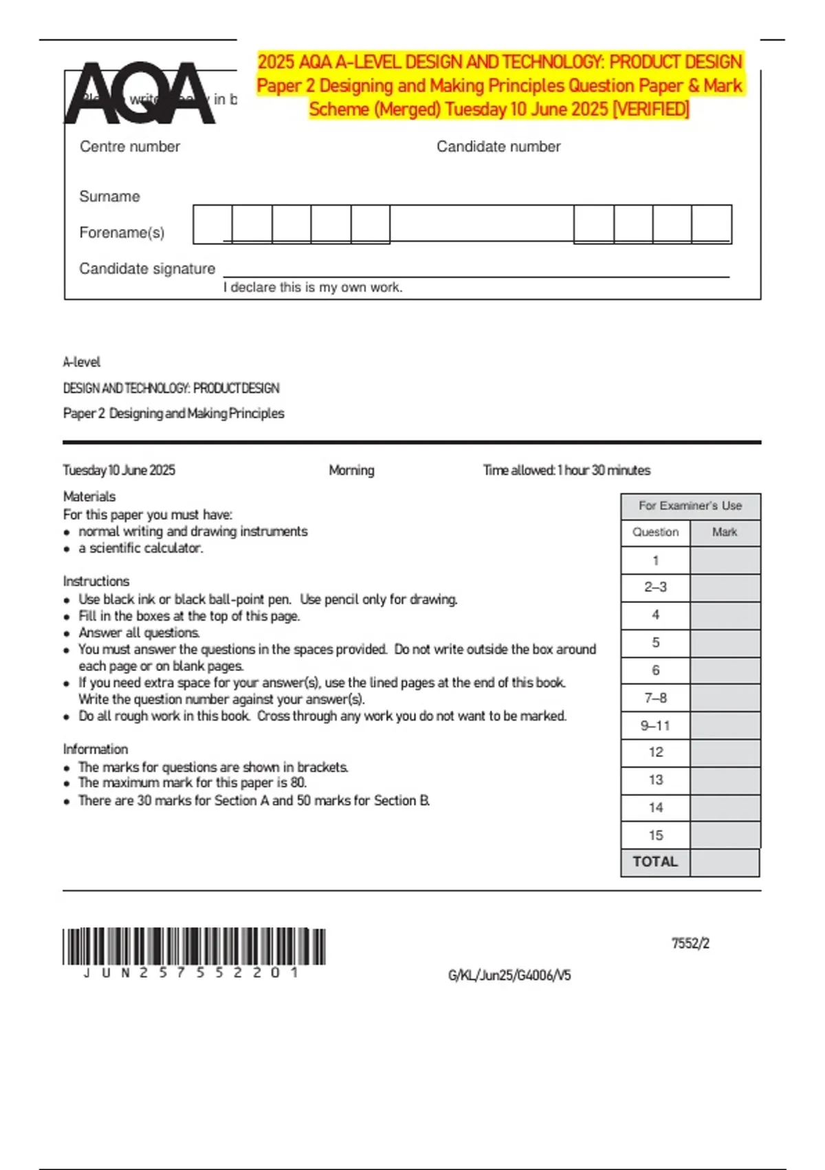 2025 AQA A-LEVEL DESIGN AND TECHNOLOGY: PRODUCT DESIGN Paper 2 ...
