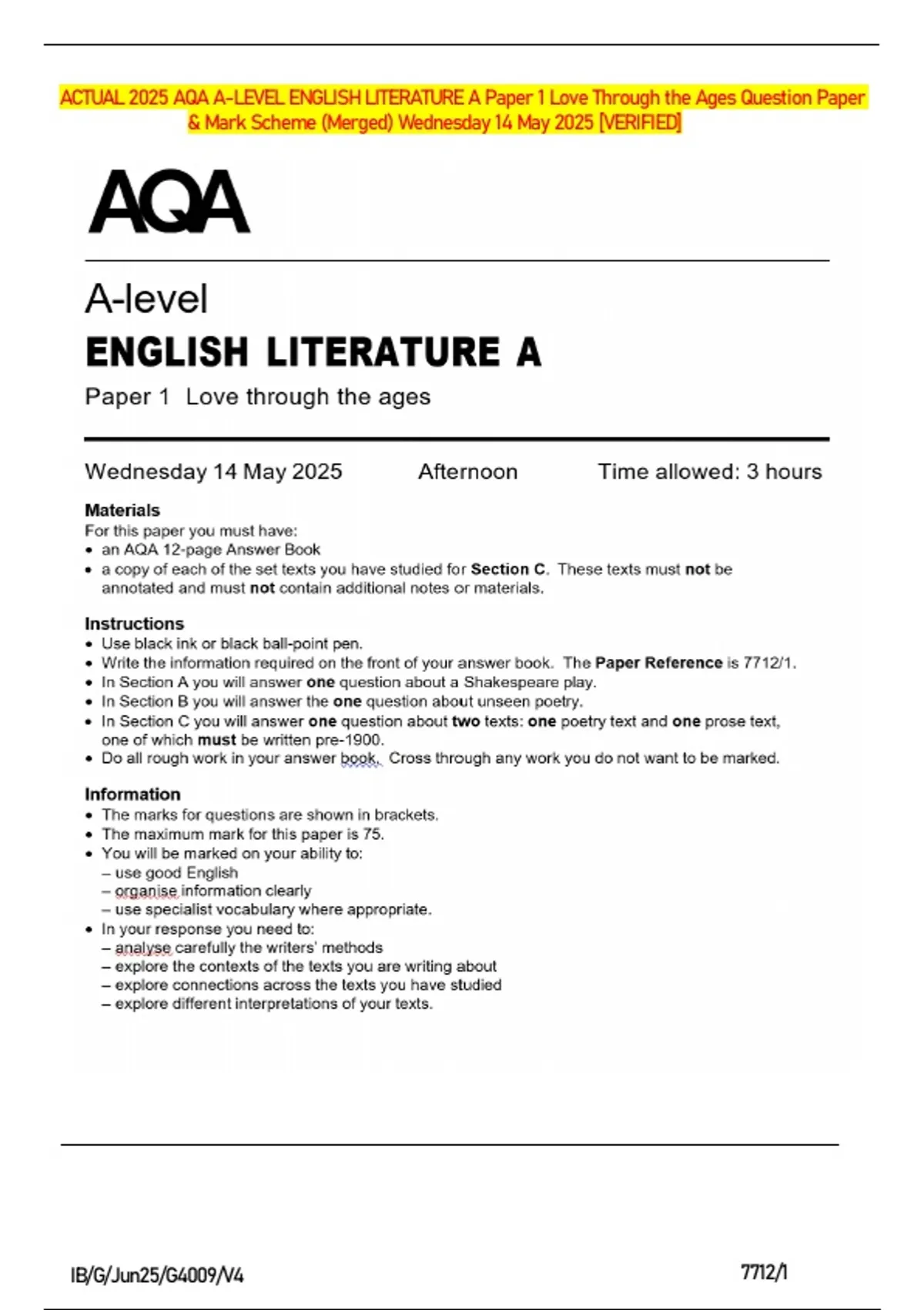 ACTUAL 2025 AQA A-LEVEL ENGLISH LITERATURE A Paper 1 Love Through the ...