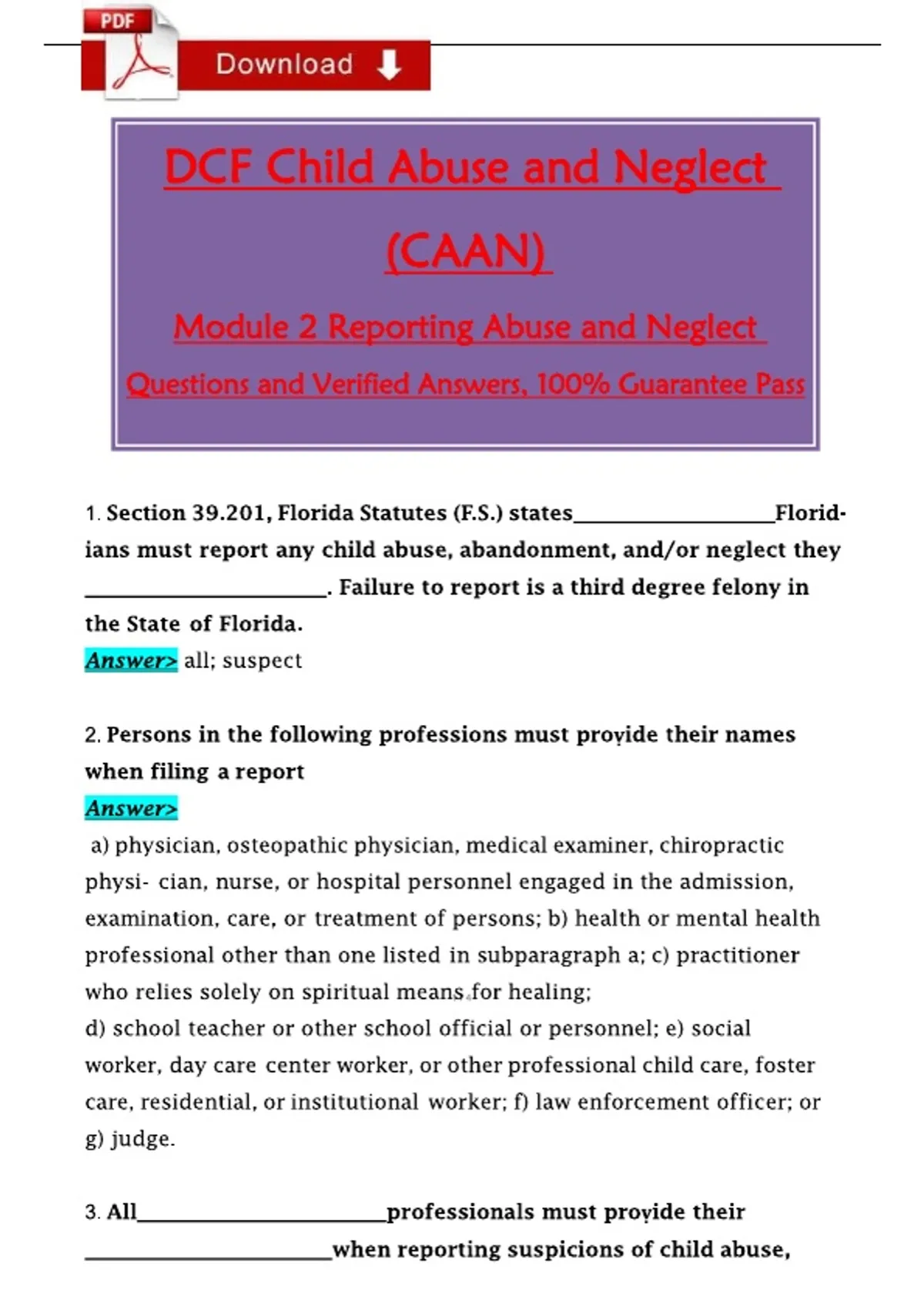 DCF Child Abuse and Neglect (CAAN) Module 2 Reporting Abuse and Neglect ...