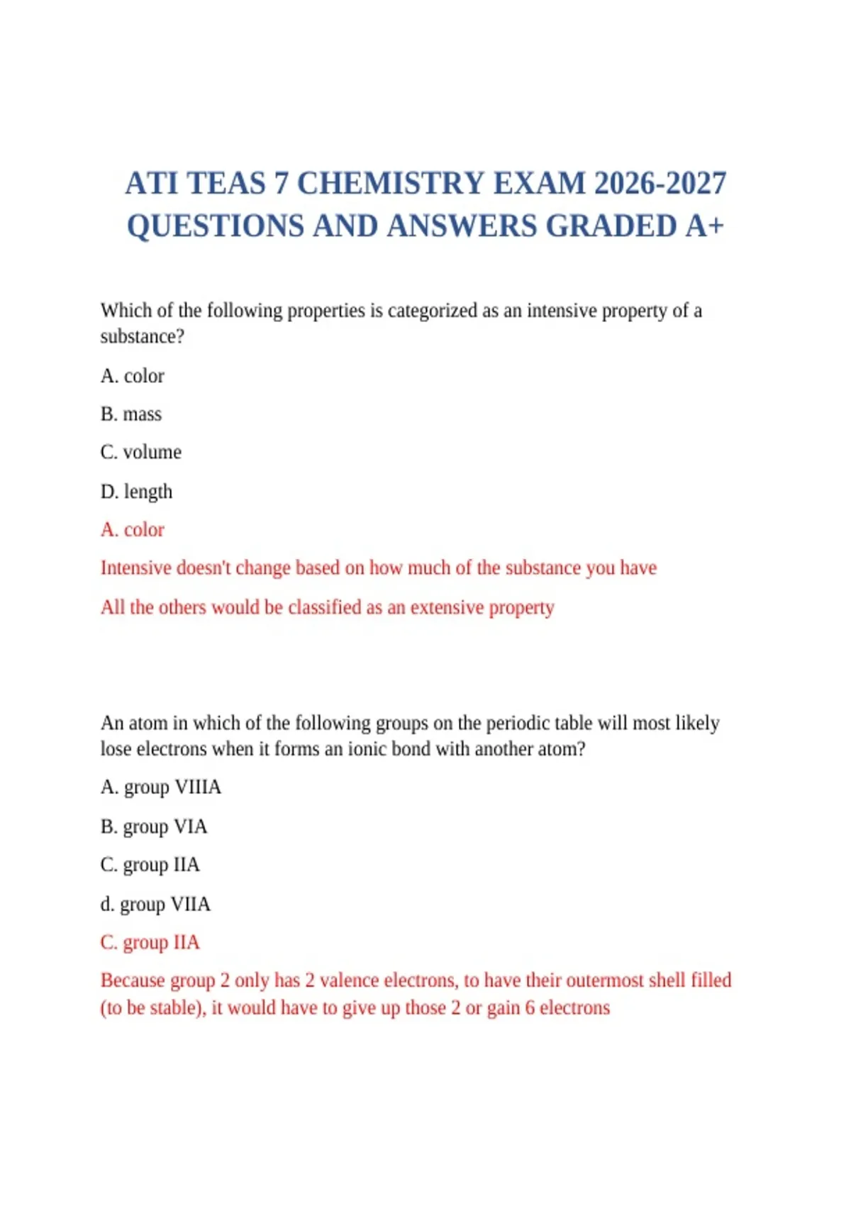 ATI TEAS 7 CHEMISTRY EXAM QUESTIONS AND ANSWERS GRADED A+ - ATI TEAS ...