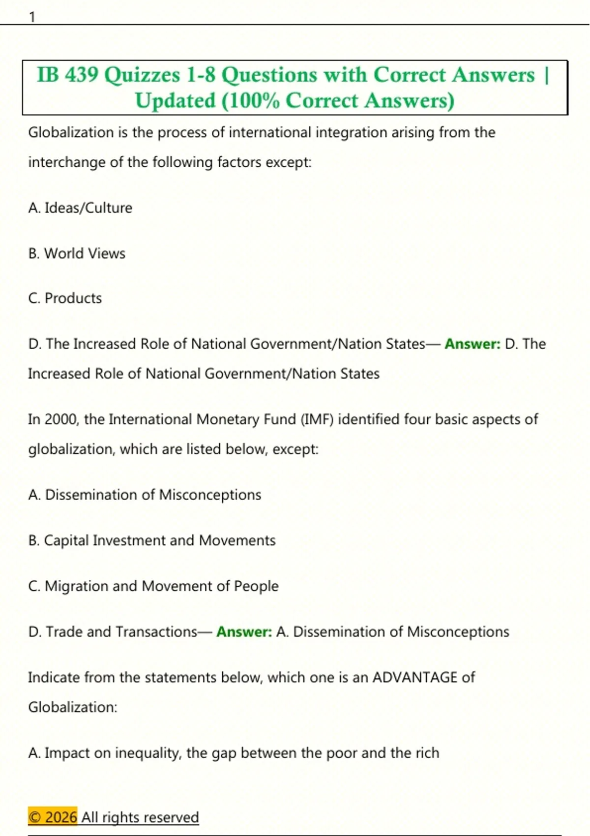 IB 439 Quizzes 1-8 Questions with Correct Answers | Updated (100% ...