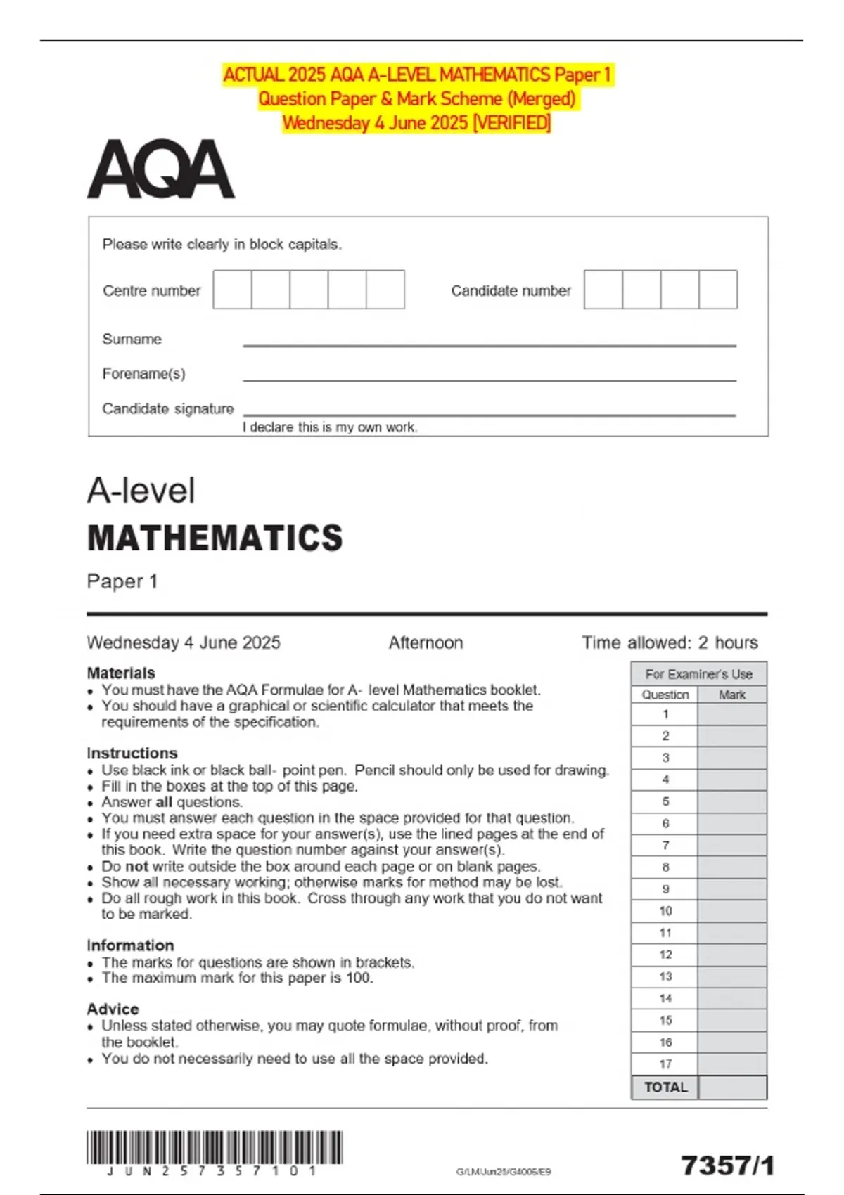 ACTUAL 2025 AQA A-LEVEL MATHEMATICS Paper 1 Question Paper & Mark ...