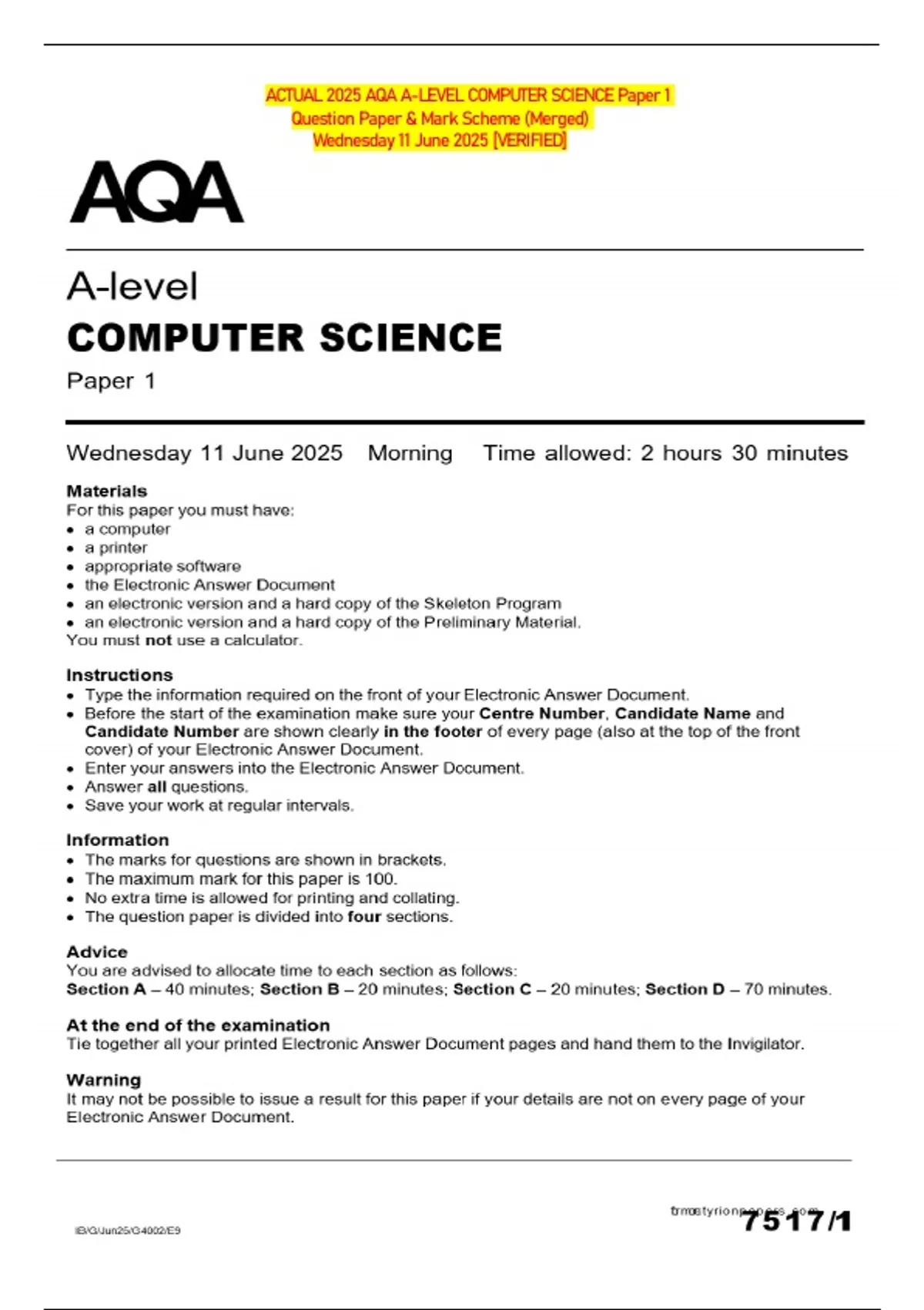 ACTUAL 2025 AQA A-LEVEL COMPUTER SCIENCE Paper 1 Question Paper & Mark ...