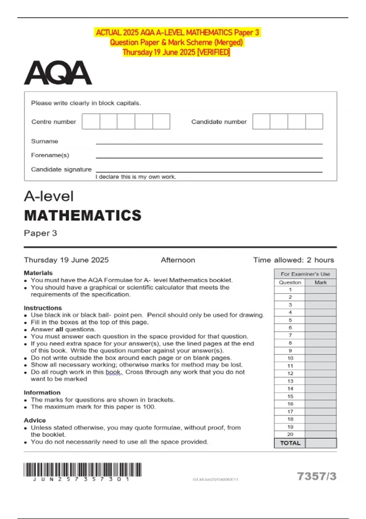 ACTUAL 2025 AQA A-LEVEL MATHEMATICS Paper 3 Question Paper & Mark ...