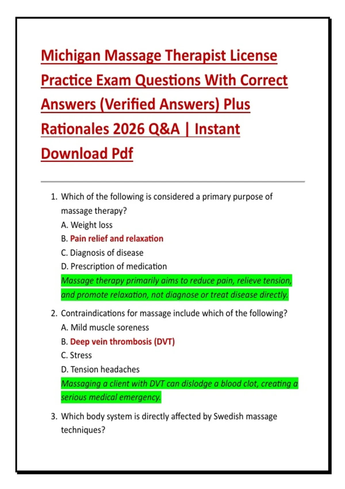 Michigan Massage Therapist License Practice Exam Questions With Correct ...