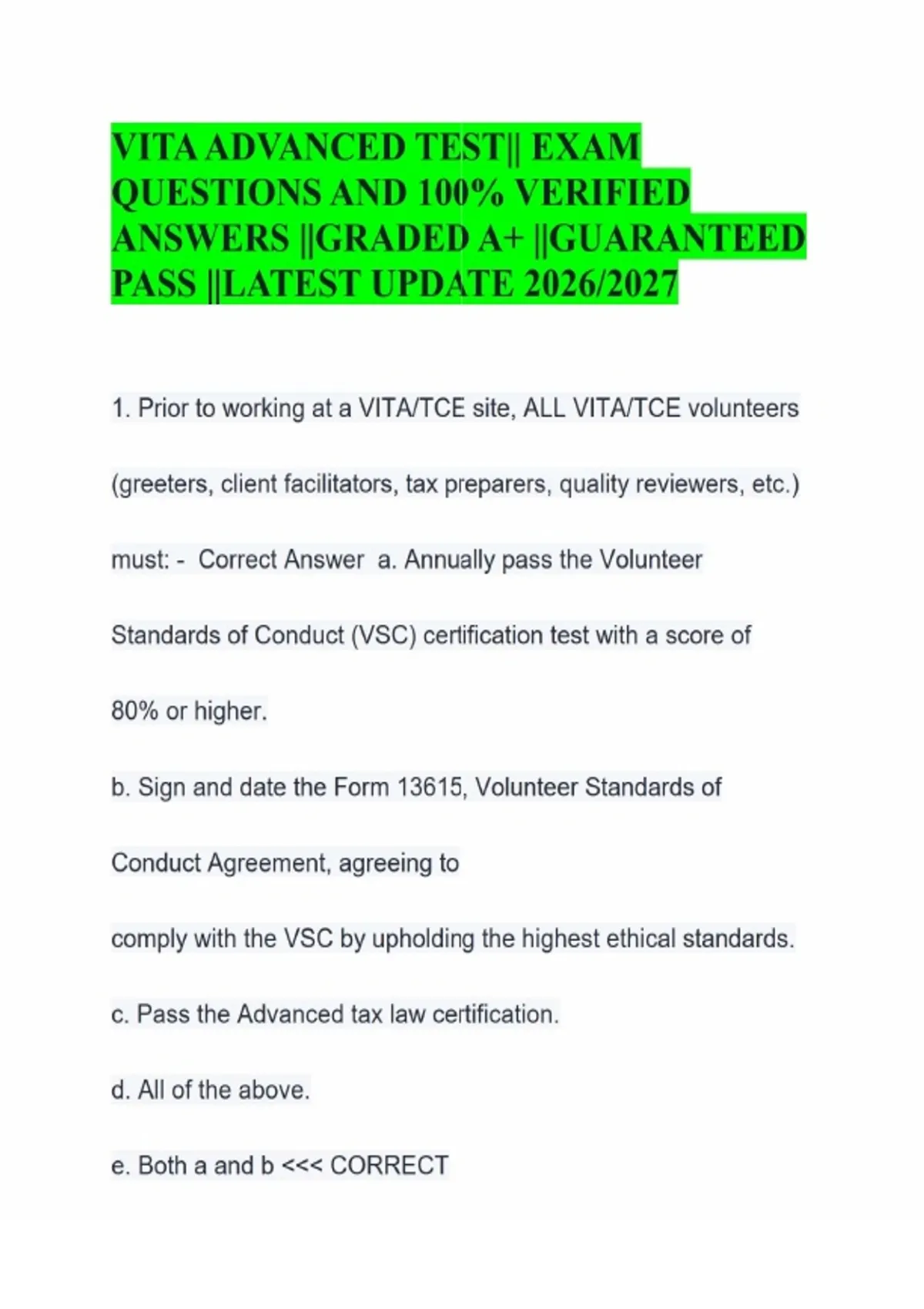 VITA ADVANCED TEST|| EXAM QUESTIONS AND 100% VERIFIED ANSWERS ||GRADED ...