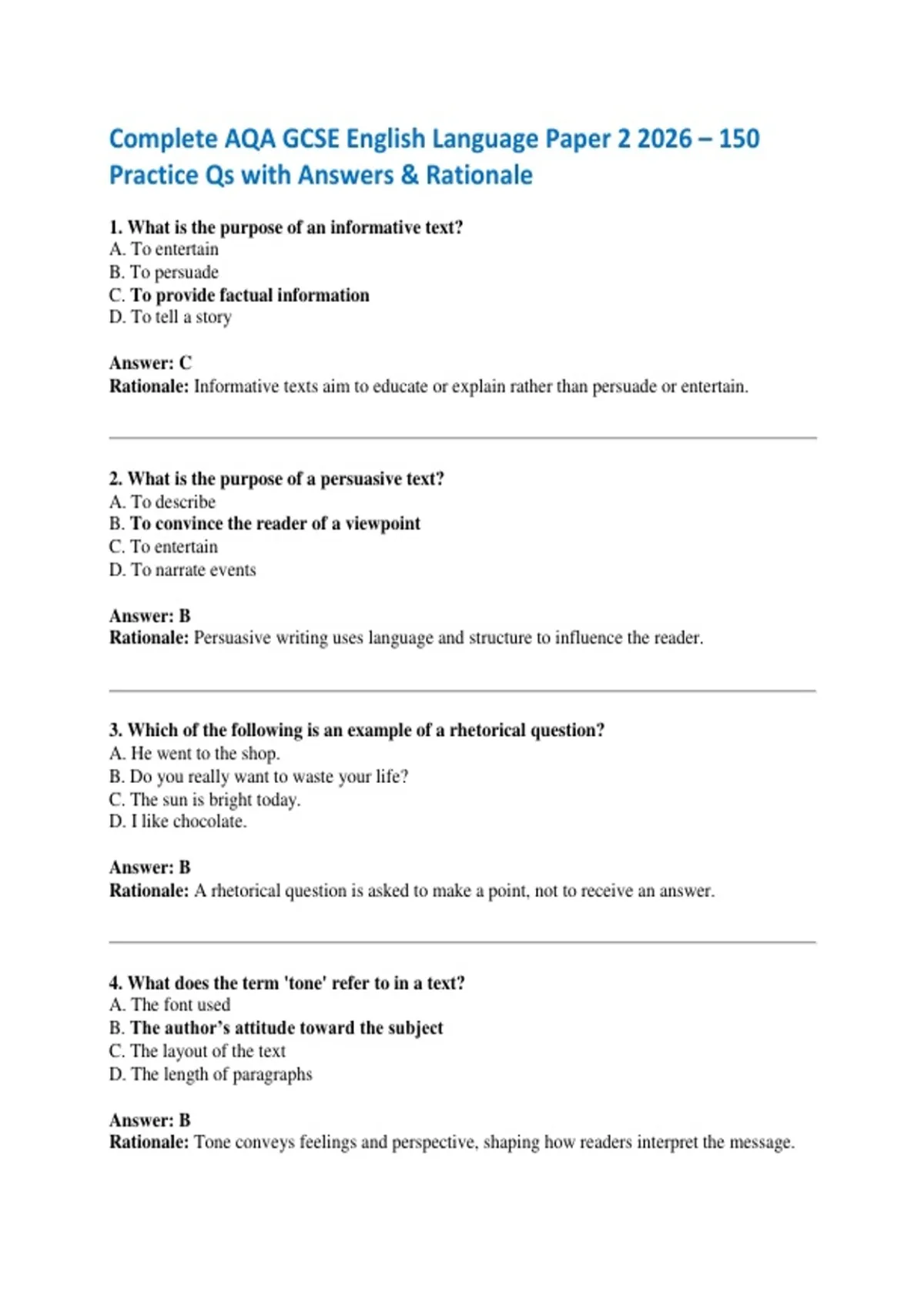 Complete AQA GCSE English Language Paper 2 2026 – 150 Practice Qs with ...