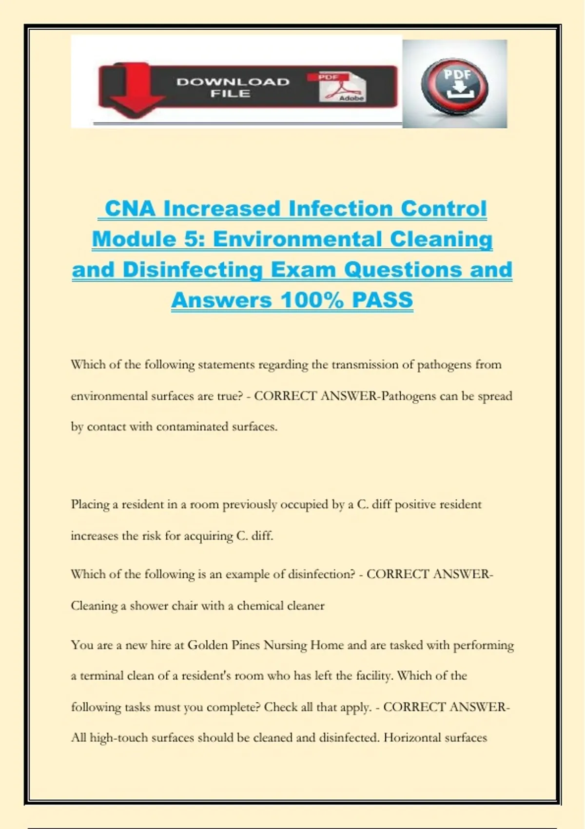 CNA Increased Infection Control Module 5: Environmental Cleaning and ...