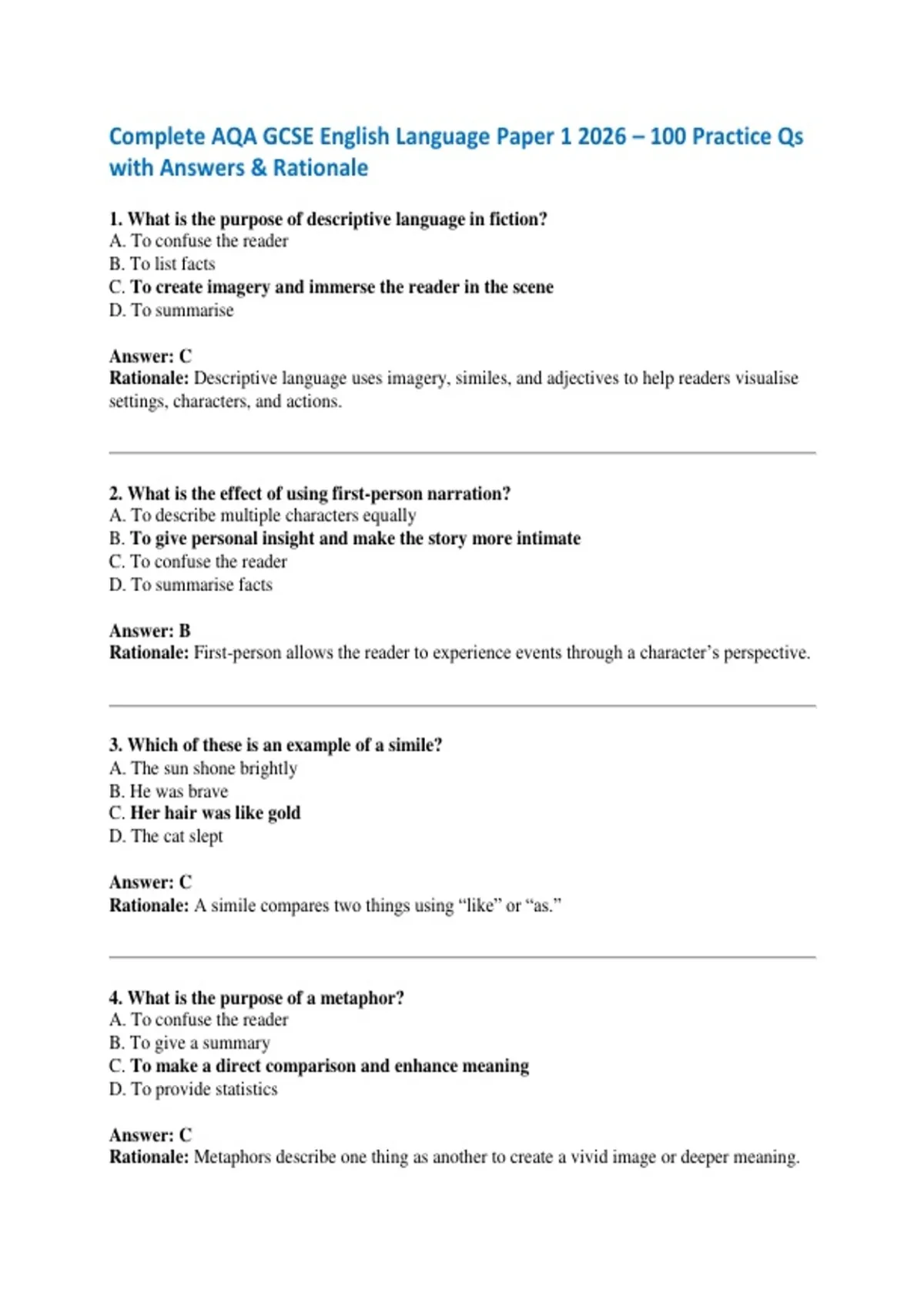 Complete AQA GCSE English Language Paper 1 (2026) – 100 Practice ...