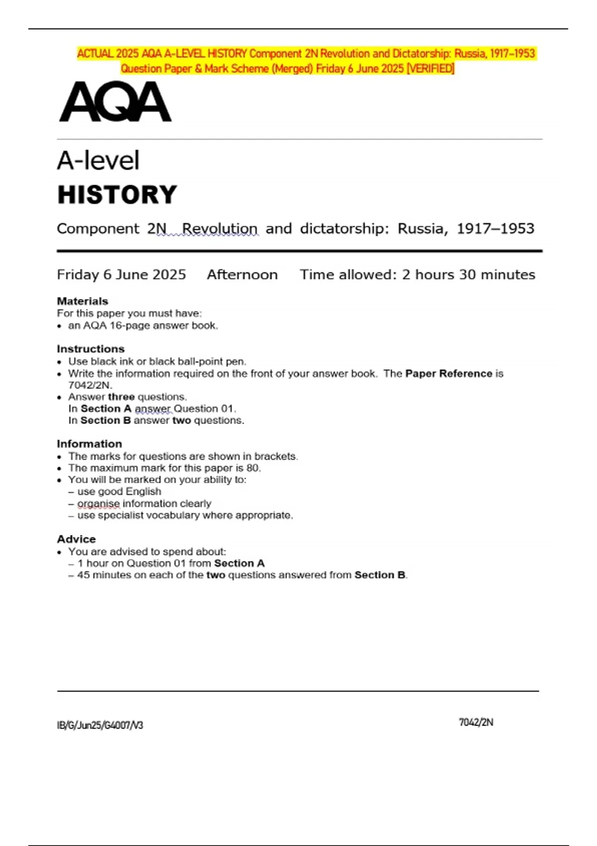 ACTUAL 2025 AQA A-LEVEL HISTORY Component 2N Revolution and ...