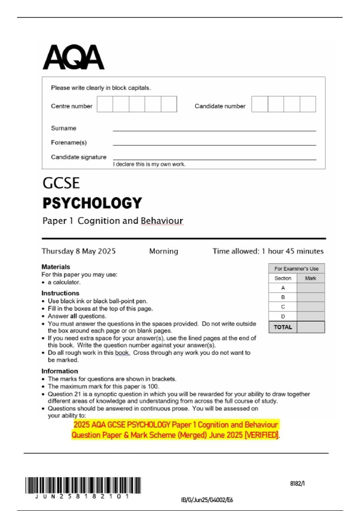 2025 AQA GCSE PSYCHOLOGY Paper 1 Cognition and Behaviour Question Paper ...