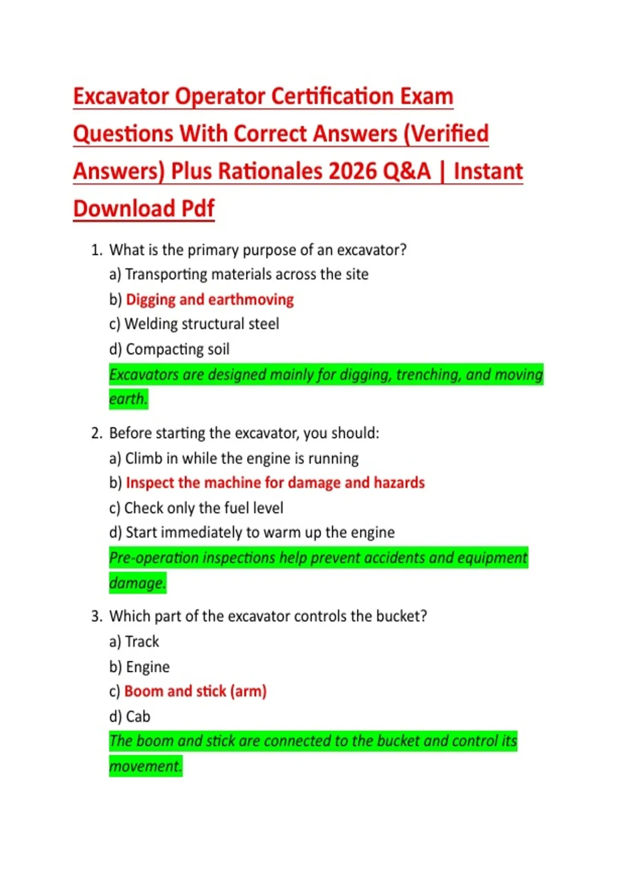 Excavator Operator Certification Exam Questions With Correct Answers ...
