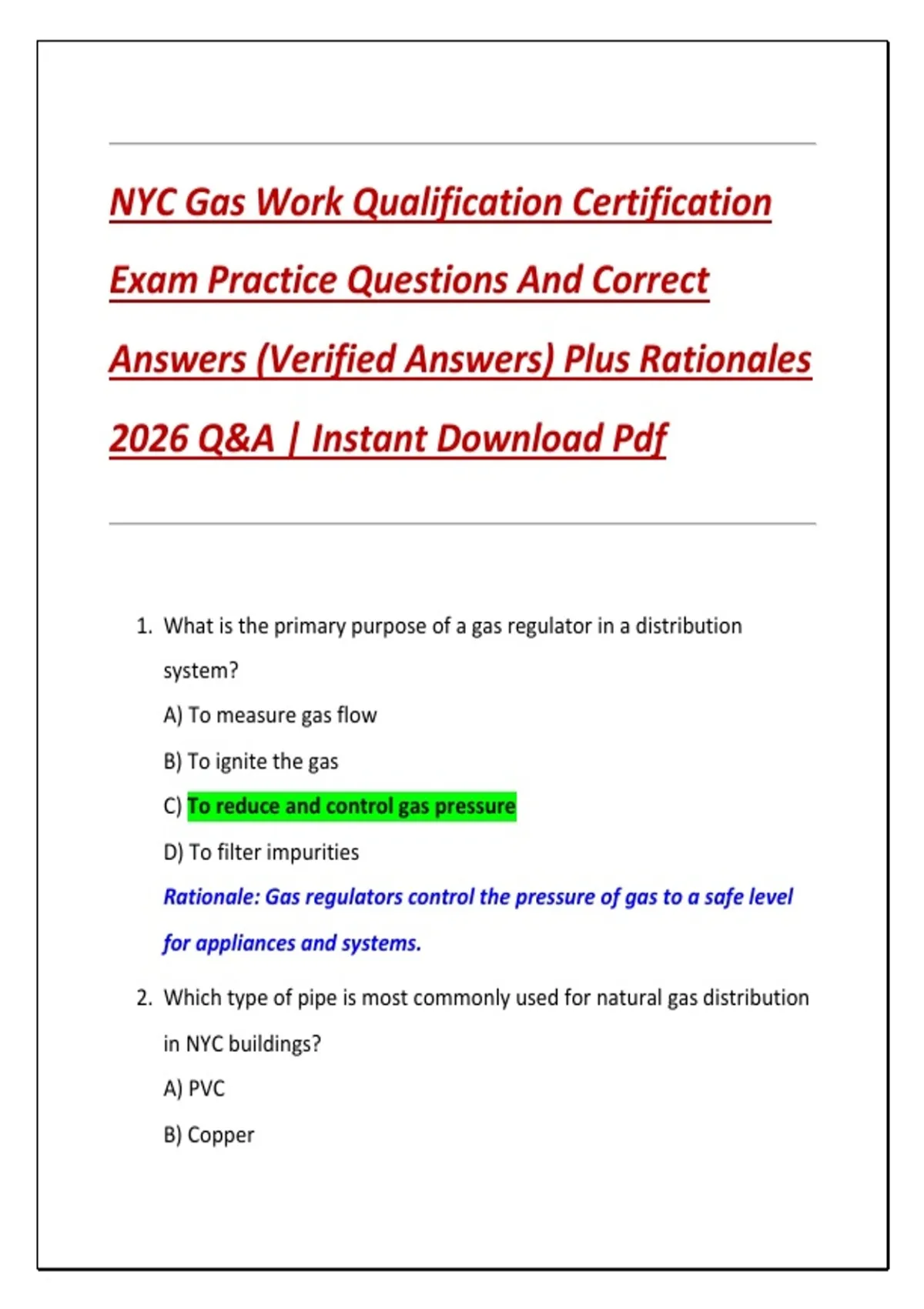 NYC Gas Work Qualification Certification Exam Practice Questions And ...
