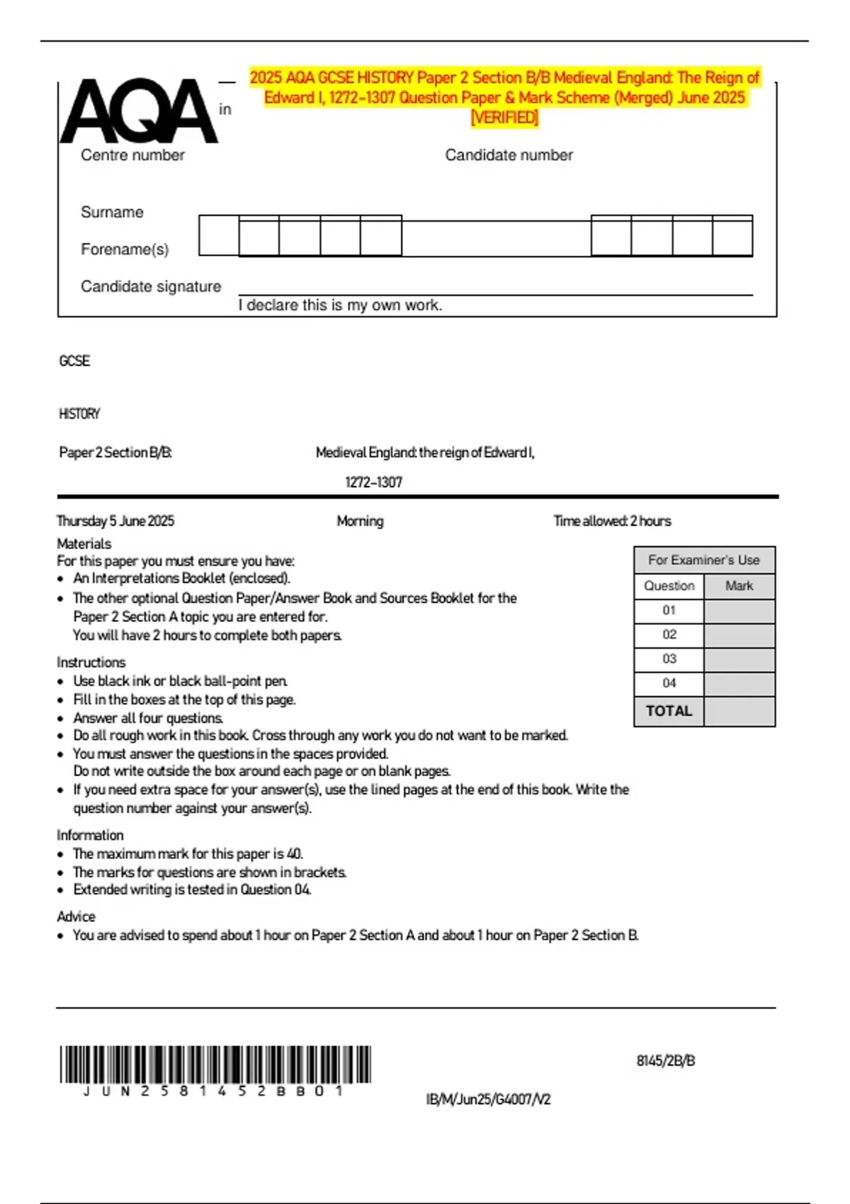 2025 AQA GCSE HISTORY Paper 2 Section B/B Medieval England: The Reign ...