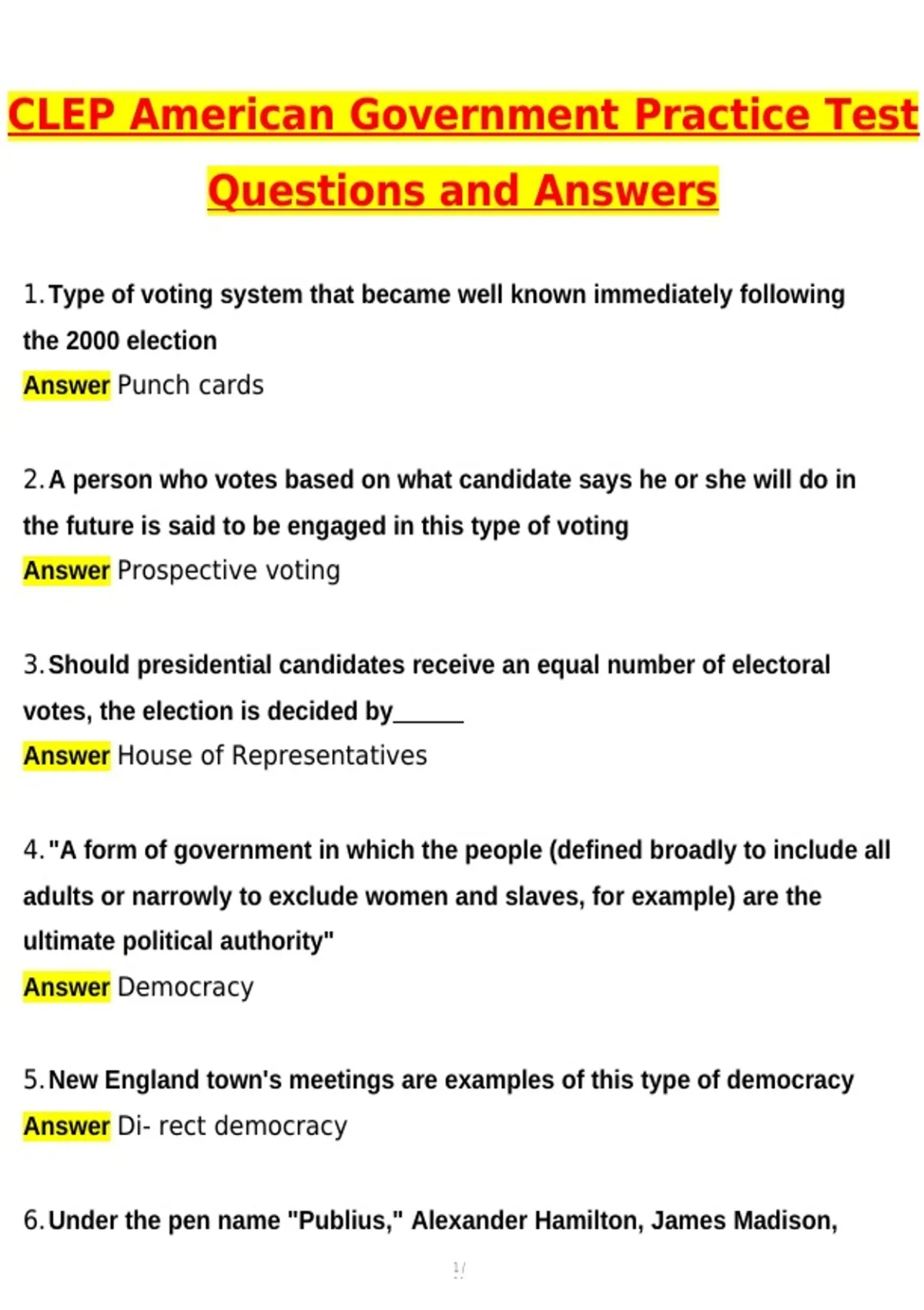 American Government Clep Practice Test