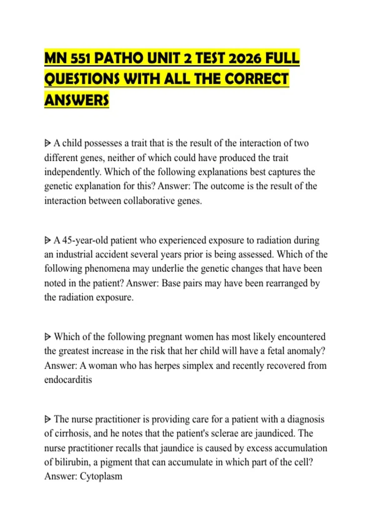 MN 551 PATHO UNIT 2 TEST 2026 FULL QUESTIONS WITH ALL THE CORRECT ...