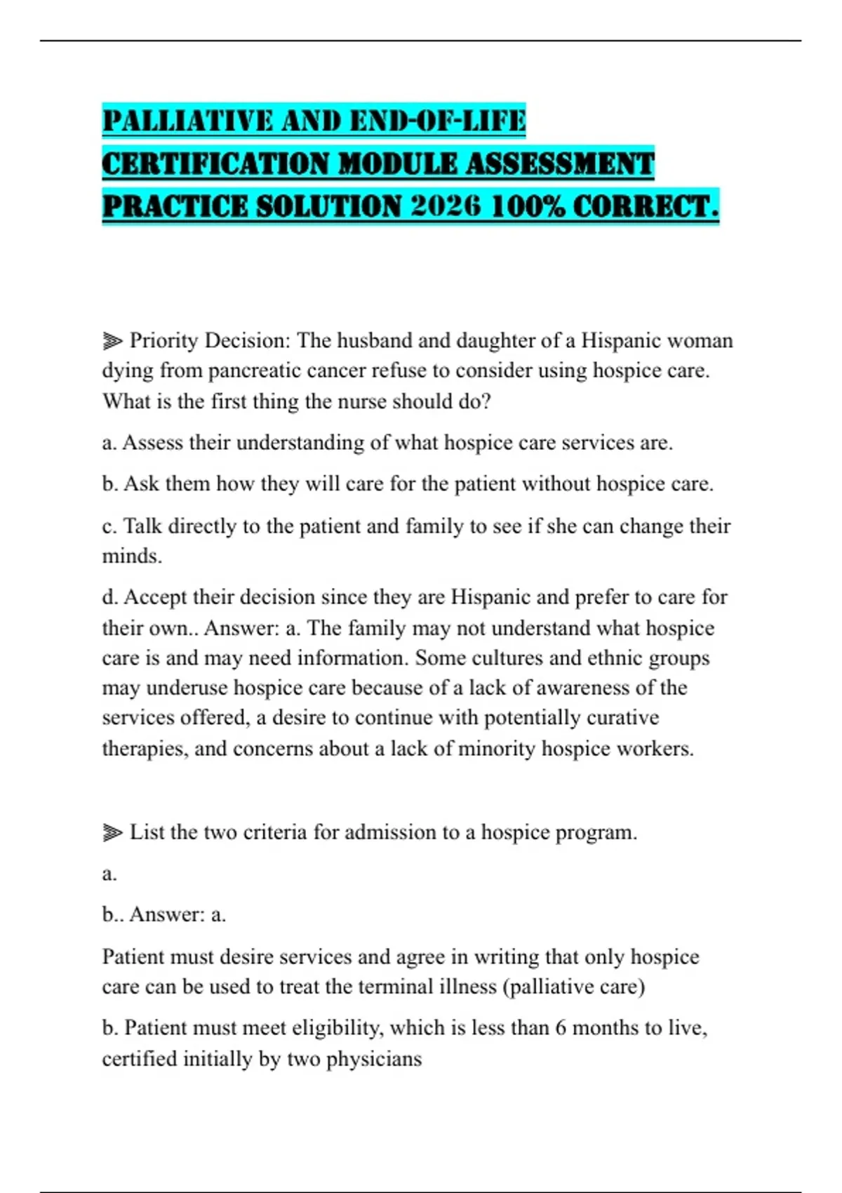 PALLIATIVE AND END-OF-LIFE CERTIFICATION MODULE ASSESSMENT PRACTICE ...