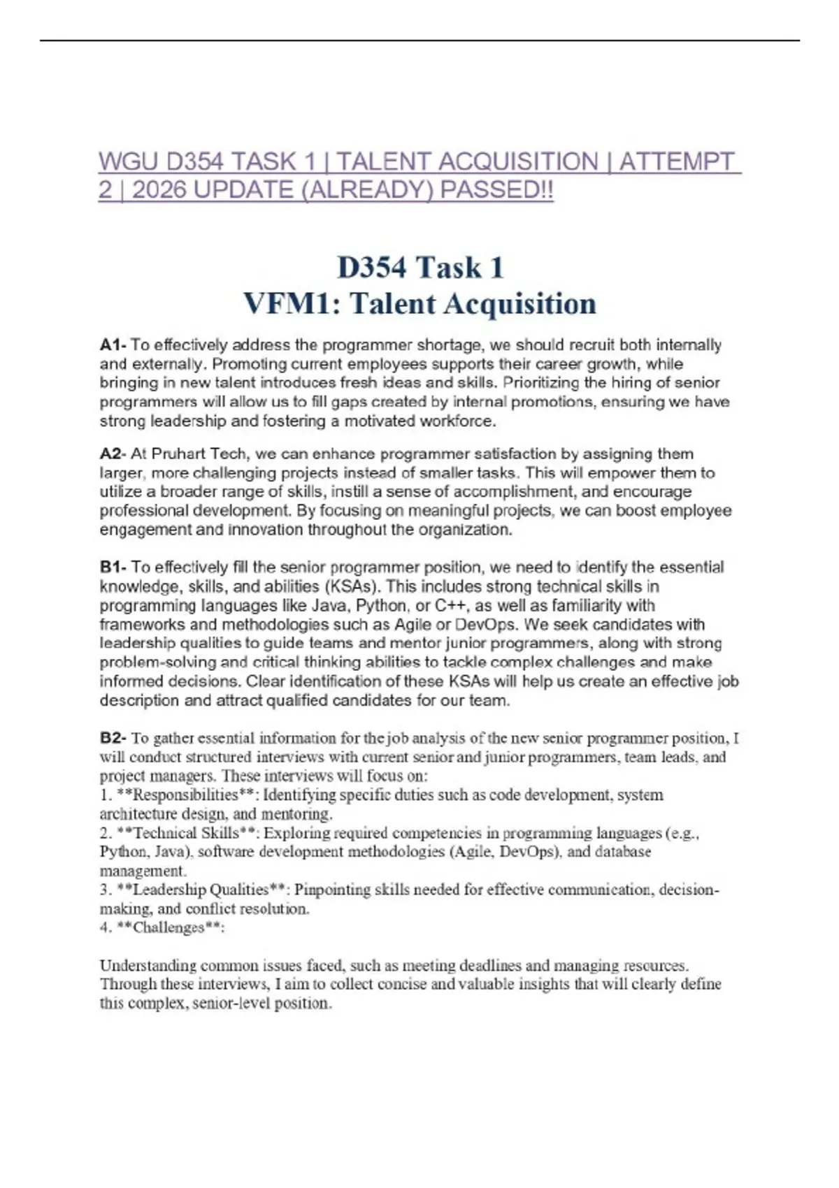 WGU D354 TASK 1 | TALENT ACQUISITION | ATTEMPT 2 | 2026 UPDATE (ALREADY ...