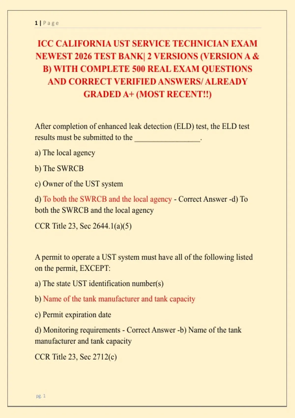 ICC CALIFORNIA UST SERVICE TECHNICIAN EXAM NEWEST 2026 TEST BANK| 2 ...