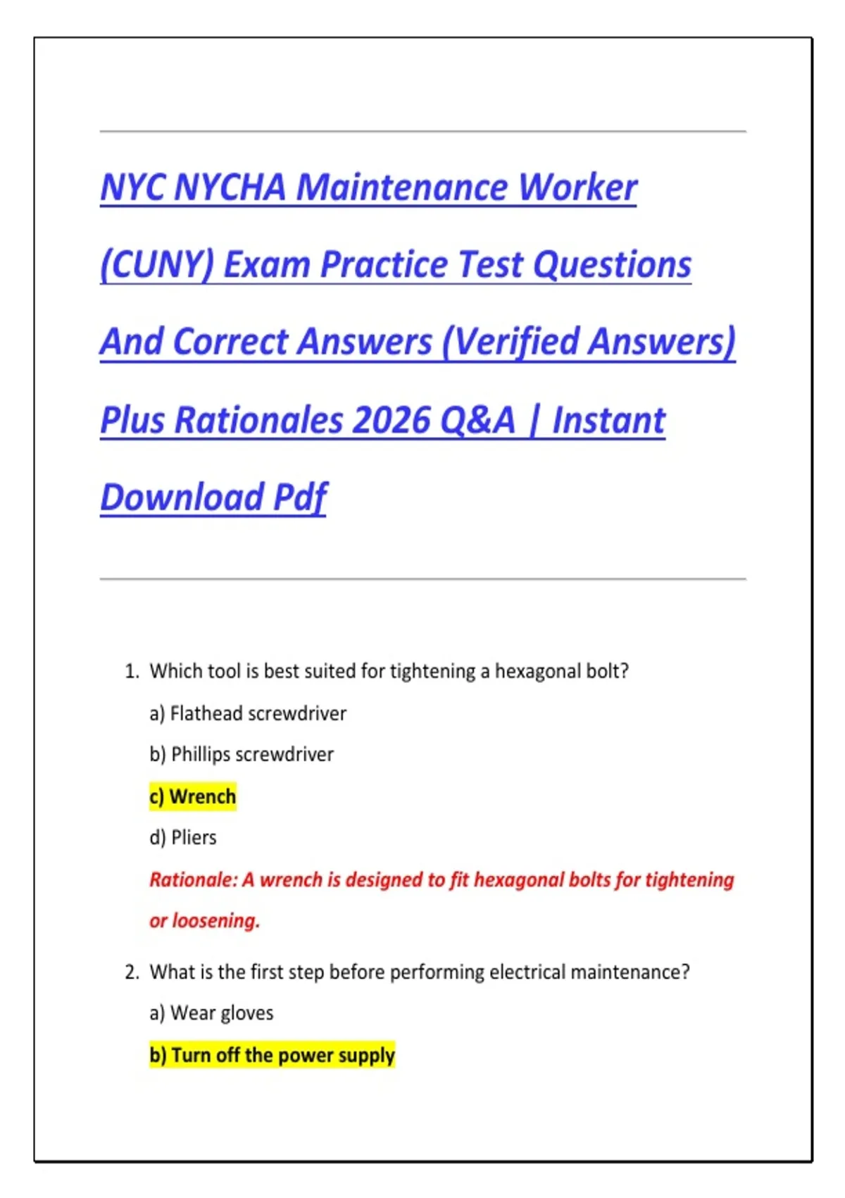 NYC NYCHA Maintenance Worker (CUNY) Exam Practice Test Questions And ...