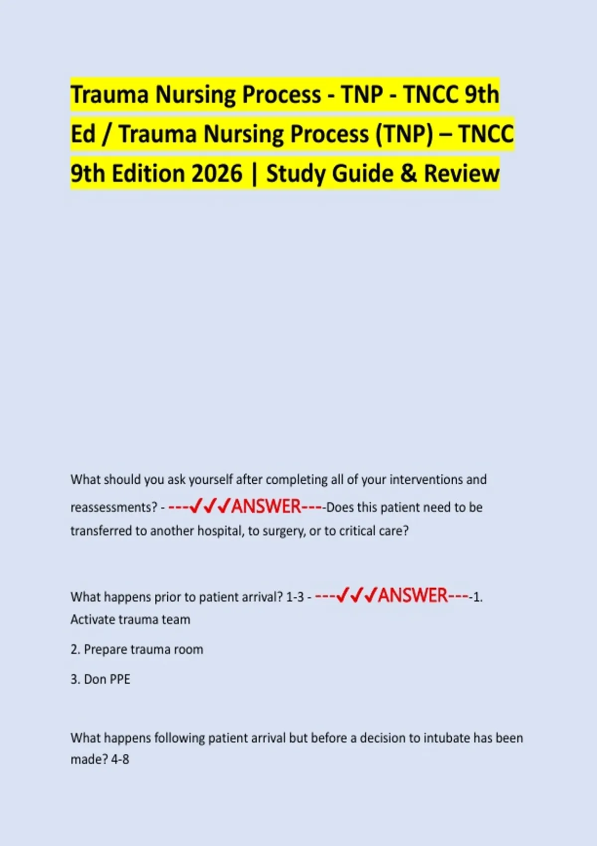 Trauma Nursing Process - TNP - TNCC 9th Ed / Trauma Nursing Process ...