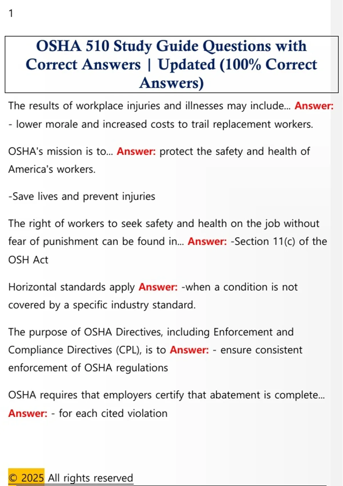 OSHA 510 Study Guide Questions with Correct Answers | Updated (100% ...