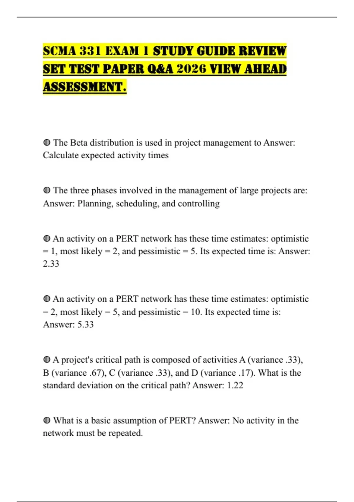 SCMA 331 EXAM 1 STUDY GUIDE REVIEW SET TEST PAPER Q&A 2026 VIEW AHEAD ...