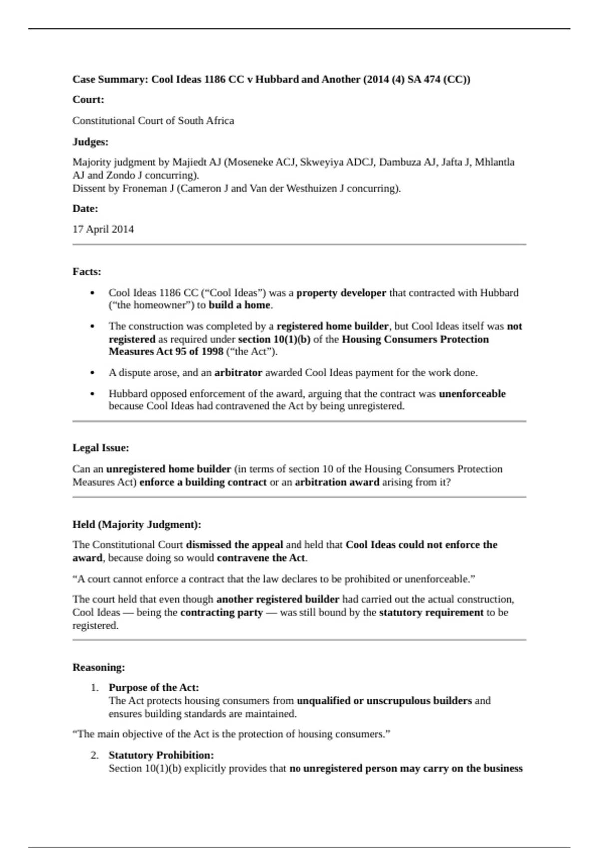 Cool Ideas 1186 CC v Hubbard and Another (2014 (4) SA 474 (CC) Case ...