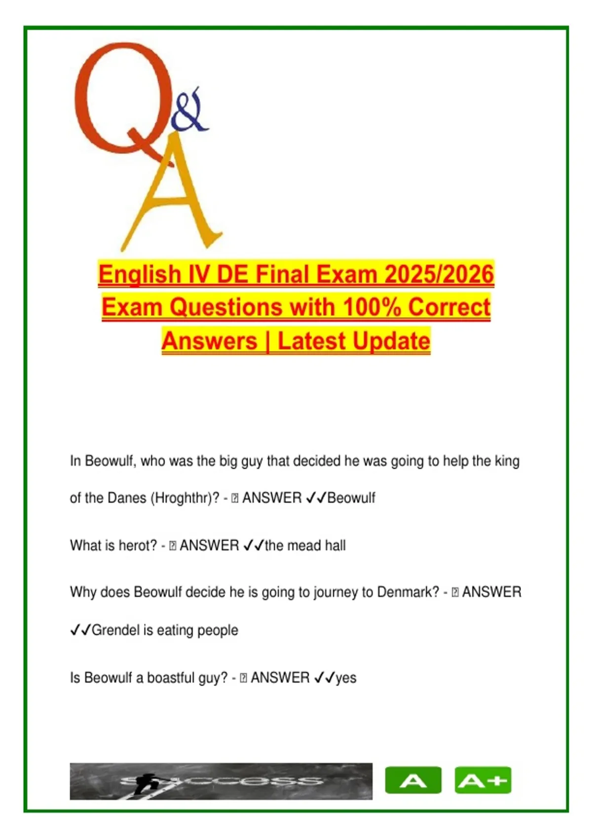 English IV DE Final Exam – 2025/2026 | Verified Questions and 100% ...