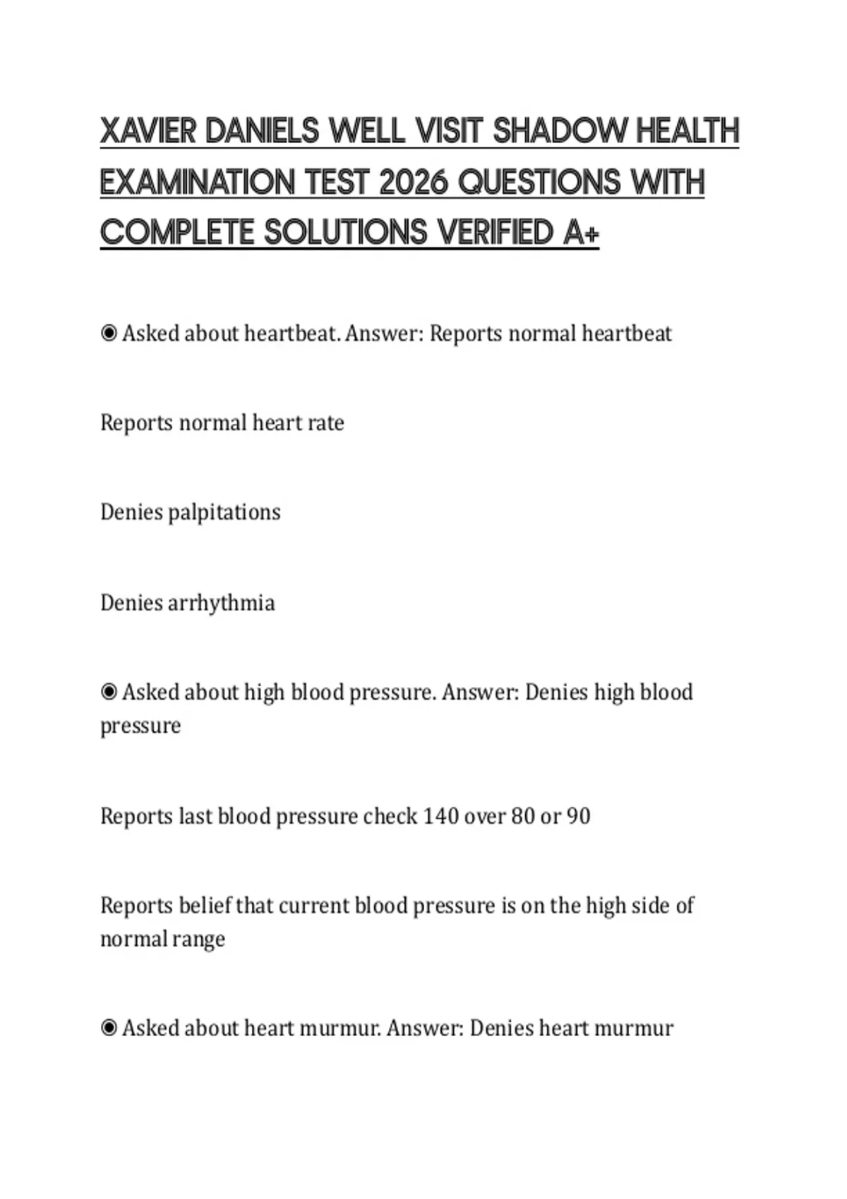 XAVIER DANIELS WELL VISIT SHADOW HEALTH EXAMINATION TEST 2026 QUESTIONS ...