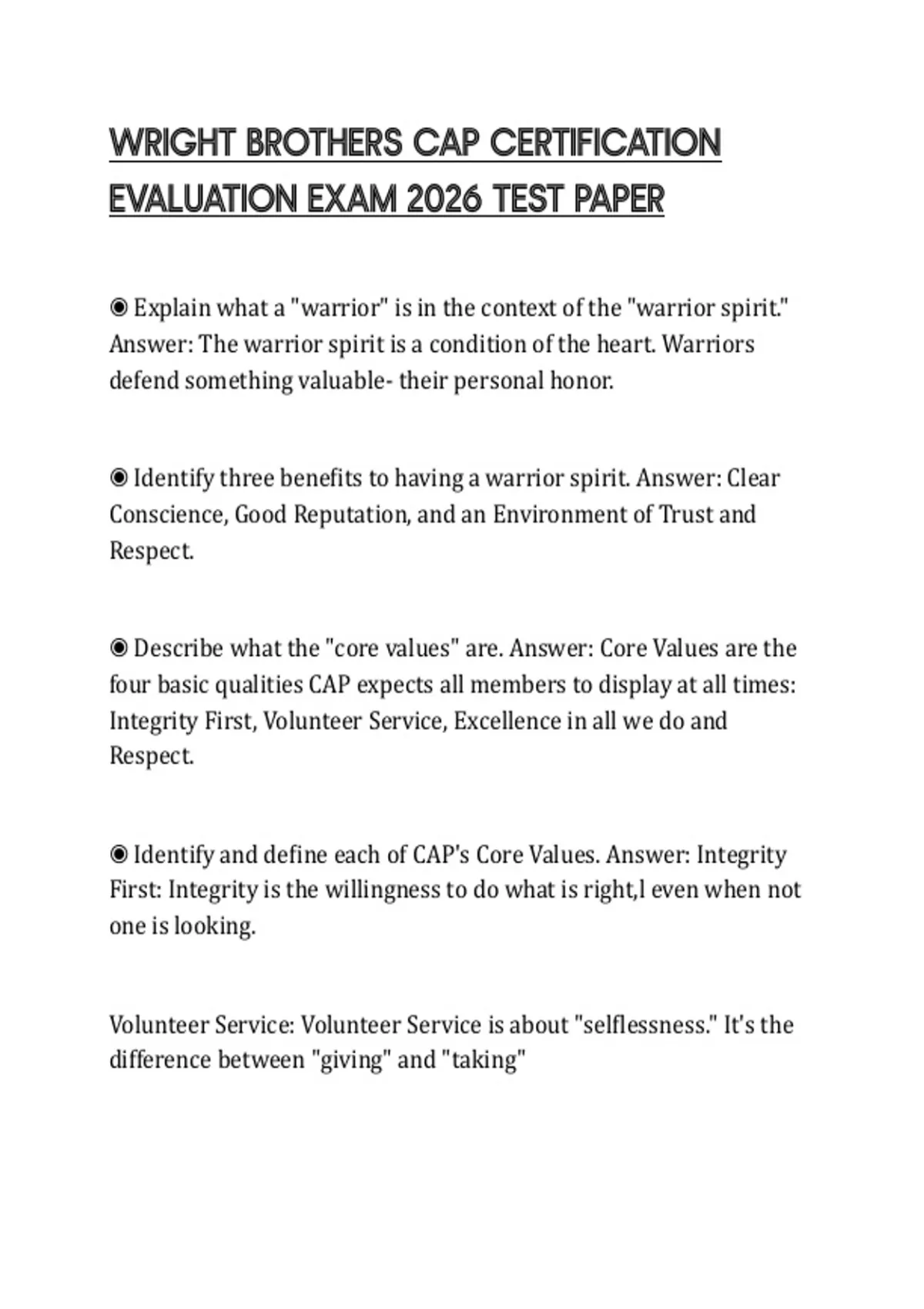 WRIGHT BROTHERS CAP CERTIFICATION EVALUATION EXAM 2026 TEST PAPER ...