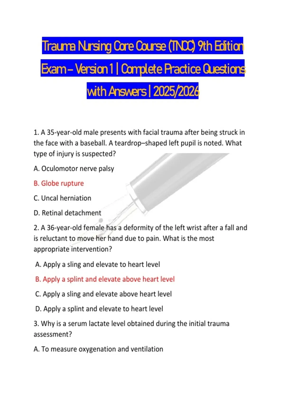 Trauma Nursing Core Course (TNCC) 9th Edition Exam – Version 1 ...